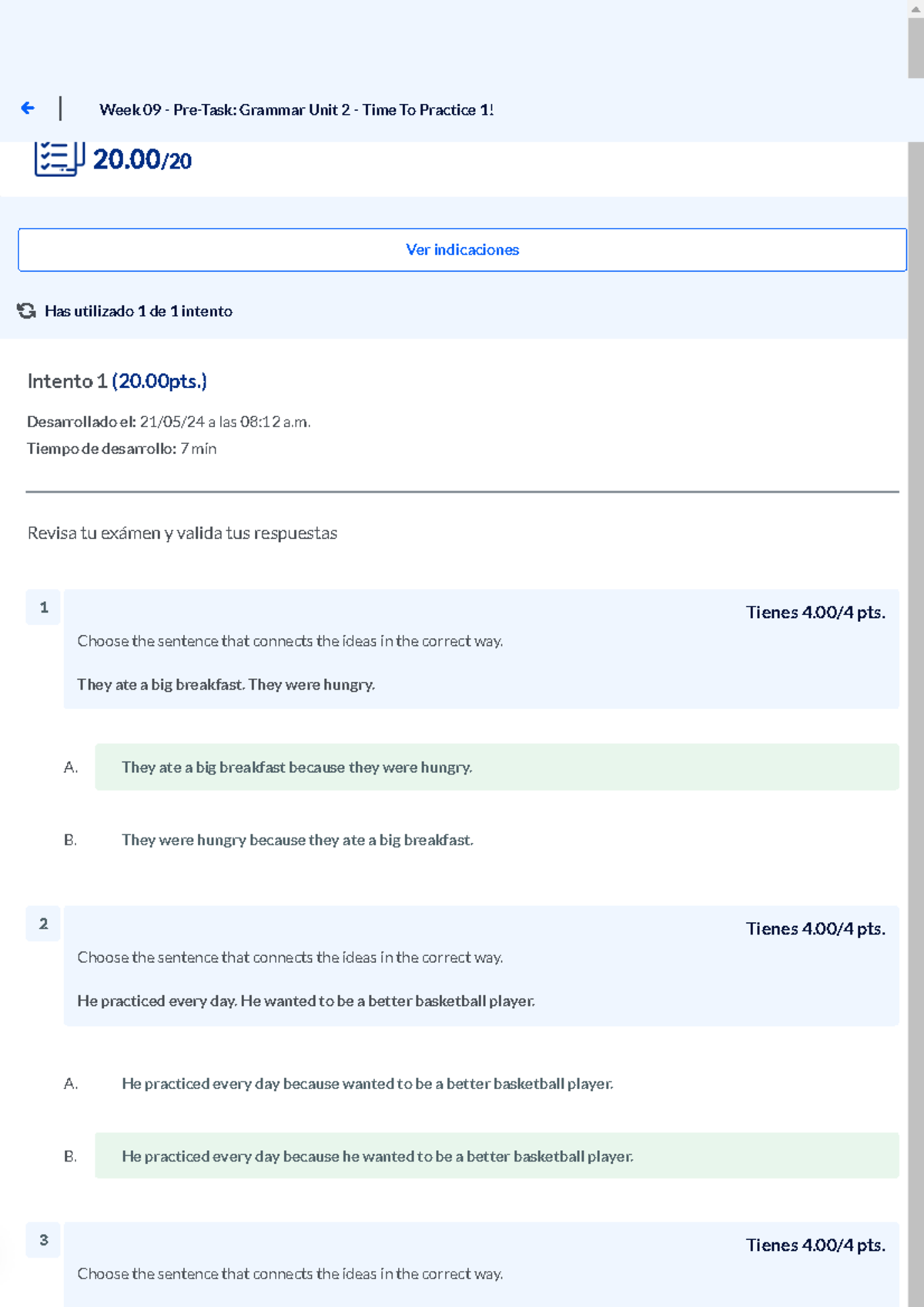 ️ Week 09 - Pre-Task: Grammar Unit 2 - Time to practice 1! - Nota 20/ 20 Intento 1 (20.) - Studocu