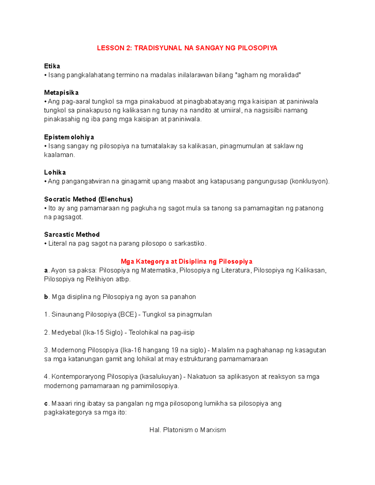 Lesson 2 philo - Solid - LESSON 2: TRADISYUNAL NA SANGAY NG PILOSOPIYA ...