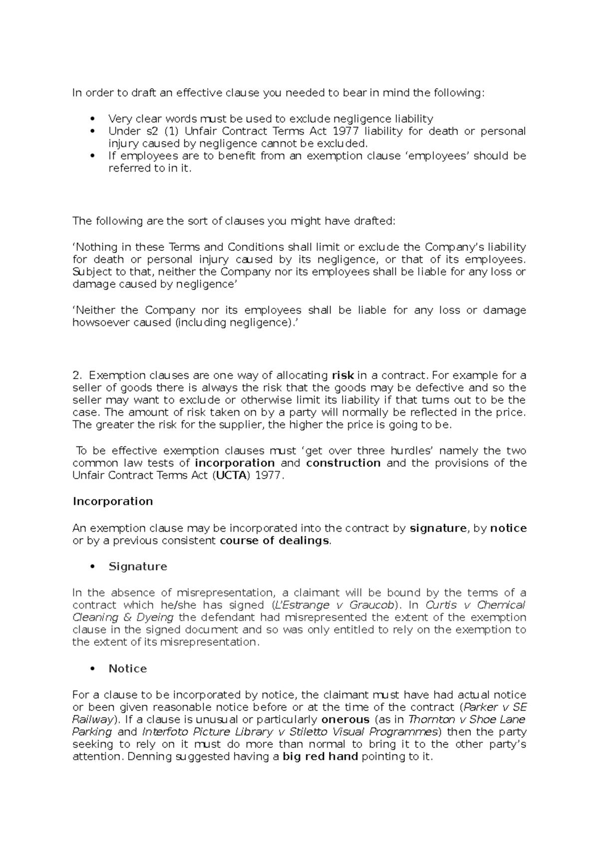 Contract - U6 - PT3 - Exemption clauses summary - In order to draft an ...