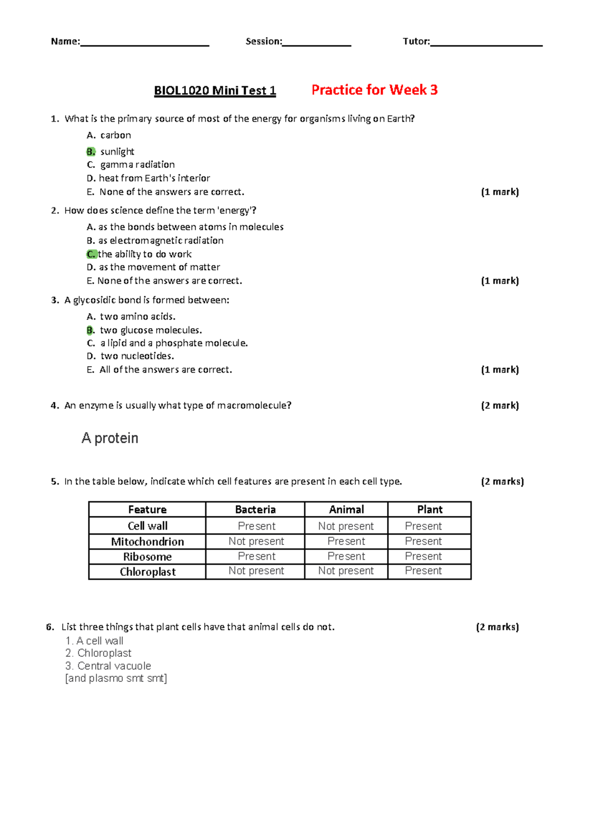 BIOL1020 Mini Test example - Name: Session: Tutor: BIOL1020 Mini Test 1 ...