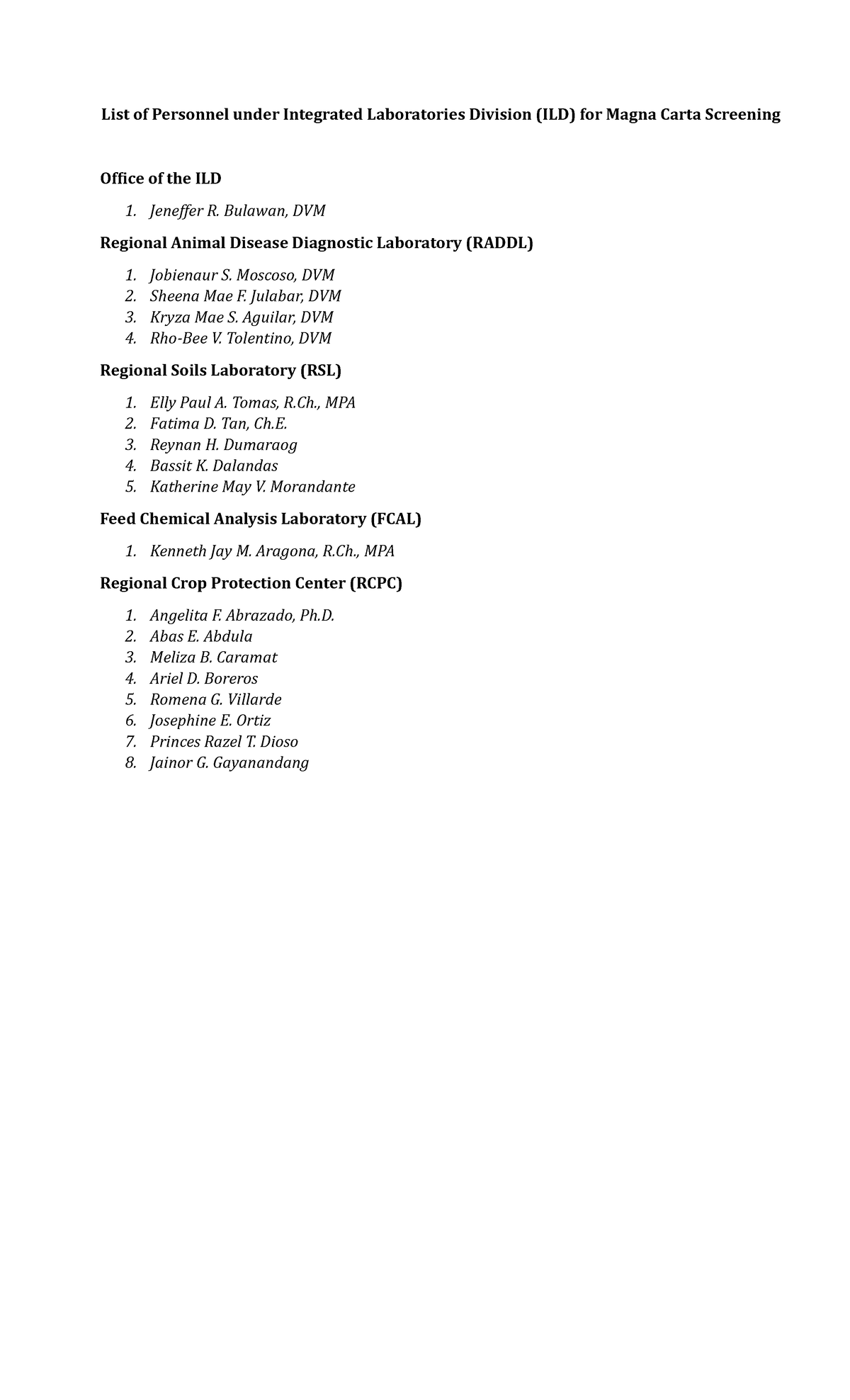 Magna Carta Availment List of Personnel under ILD - List of Personnel ...
