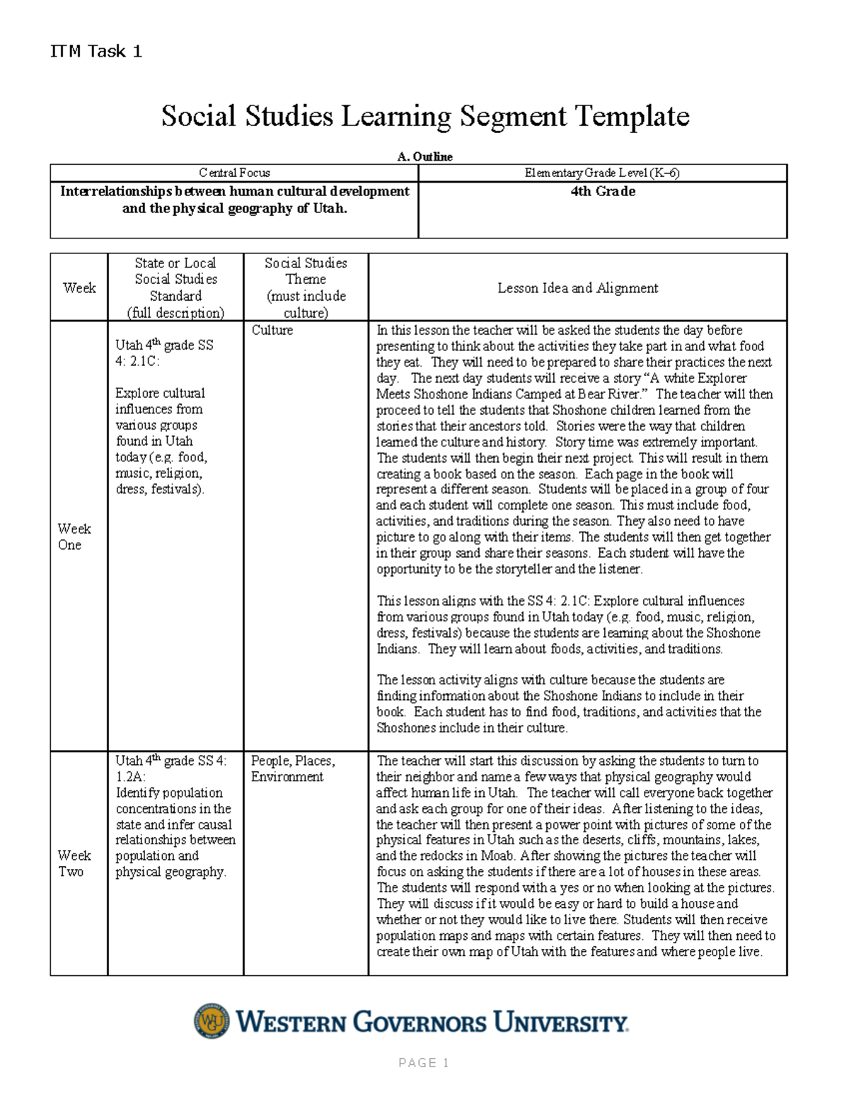 Social Studies Task 1 - Social Studies Learning Segment Template A ...