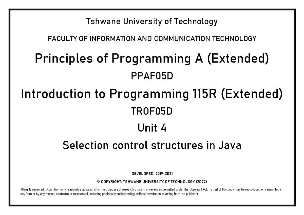 PPA TRO F05D Unit 4 (Java part 2) Final-1 - Tshwane University of Technology FACULTY OF ...