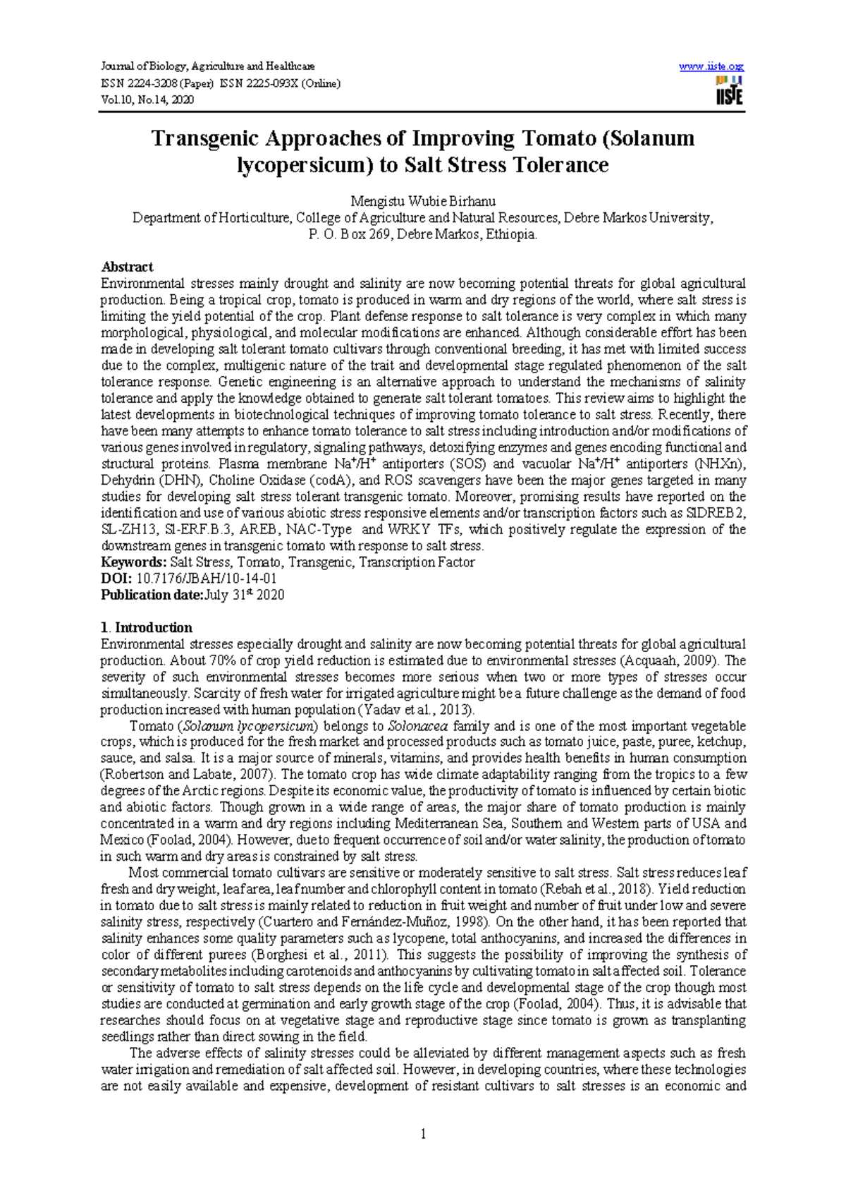 Transgenic Approaches of Improving Tomato (Solanum - ISSN 2224-3208 ...