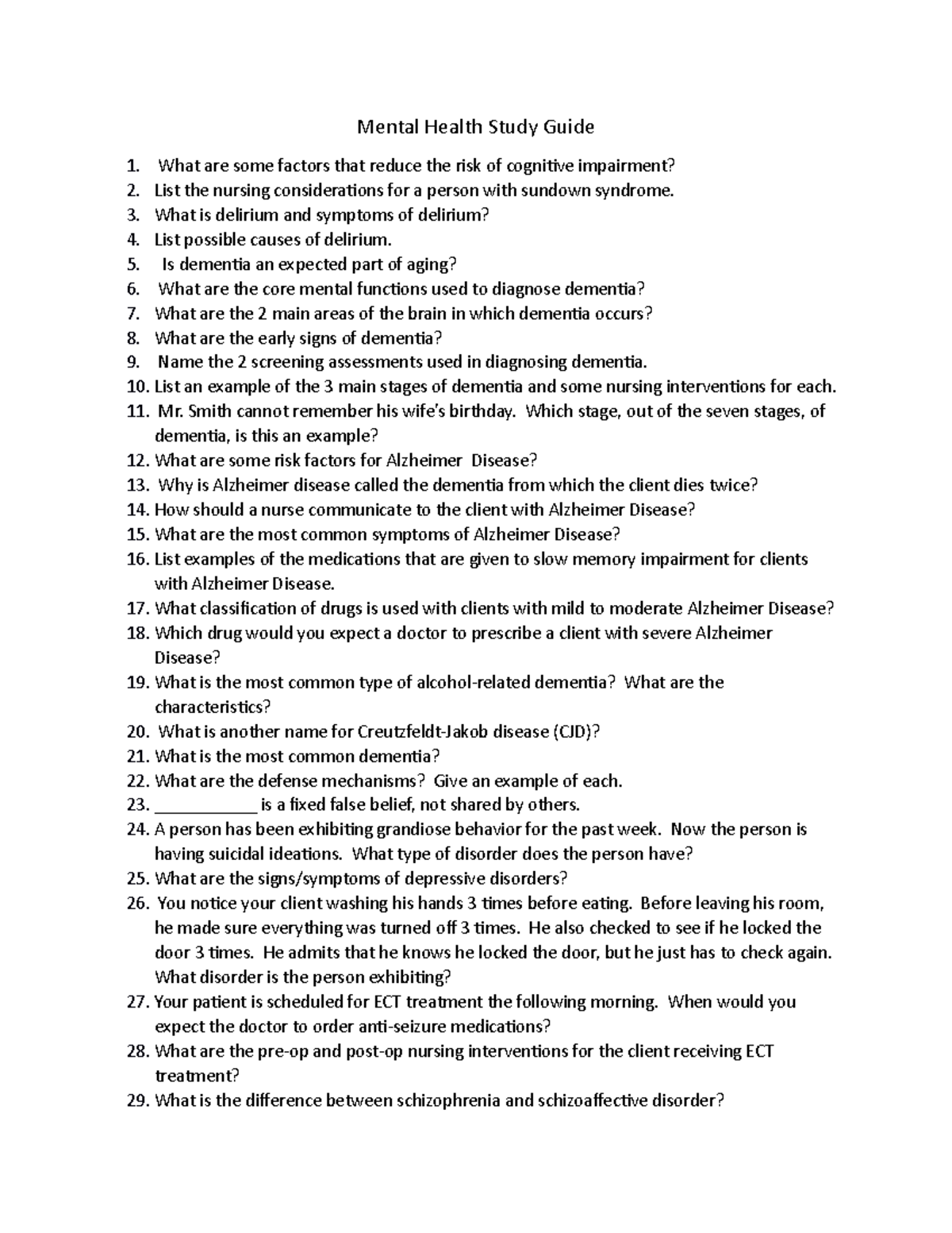 Mental Health Final Study Guide-Student version - Mental Health Study ...