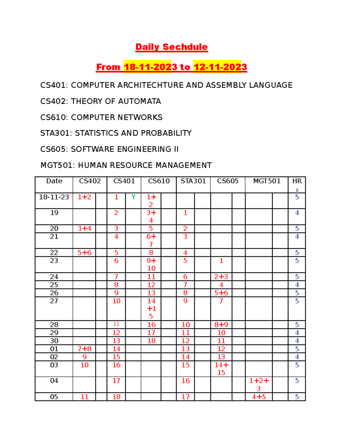 Sechdule Helpful Daily Sechdule From 18 11 2023 To 12 11 202 3 Cs401 Computer Architechture