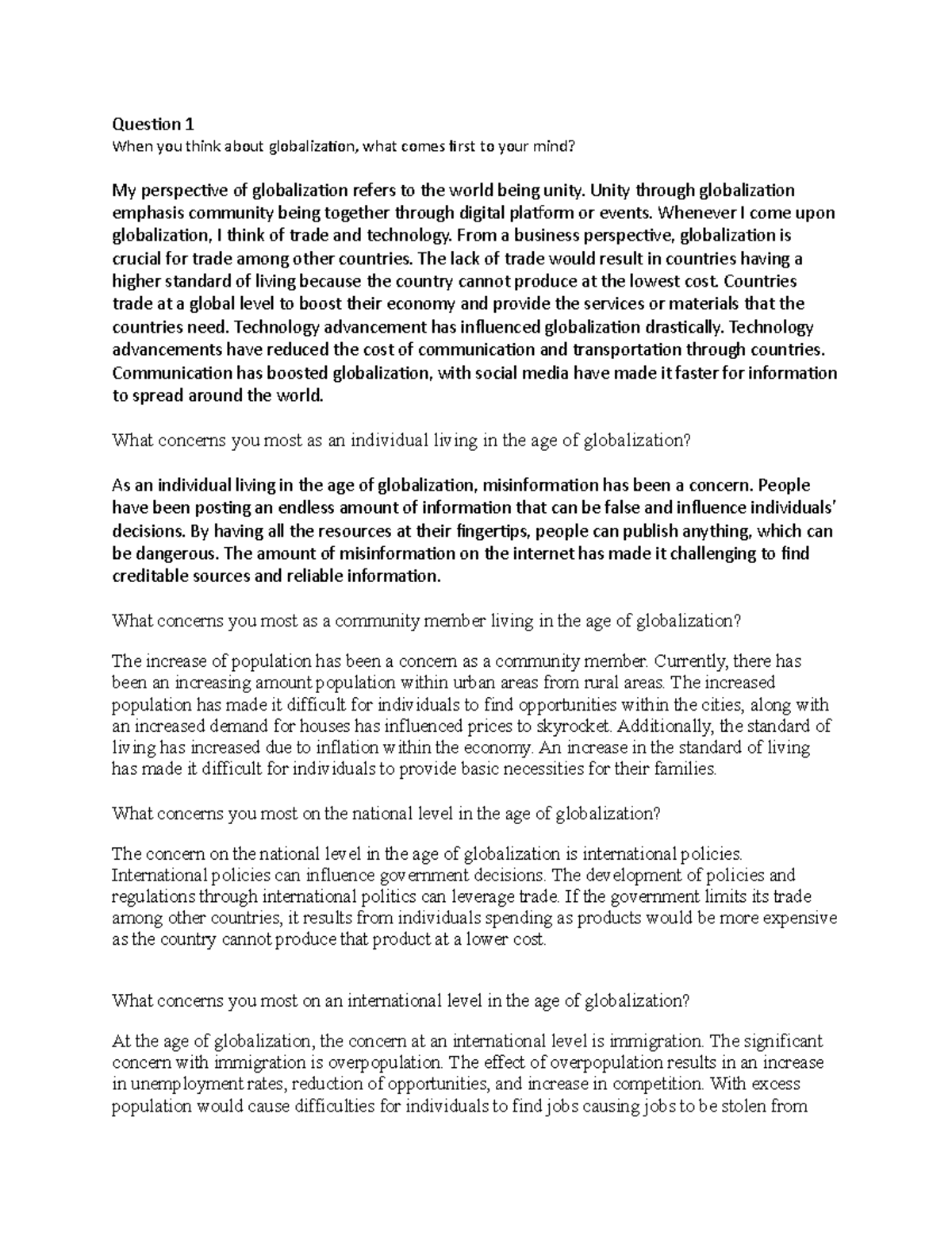 GS 101 Survey - Notes - Question 1 When you think about globalization ...