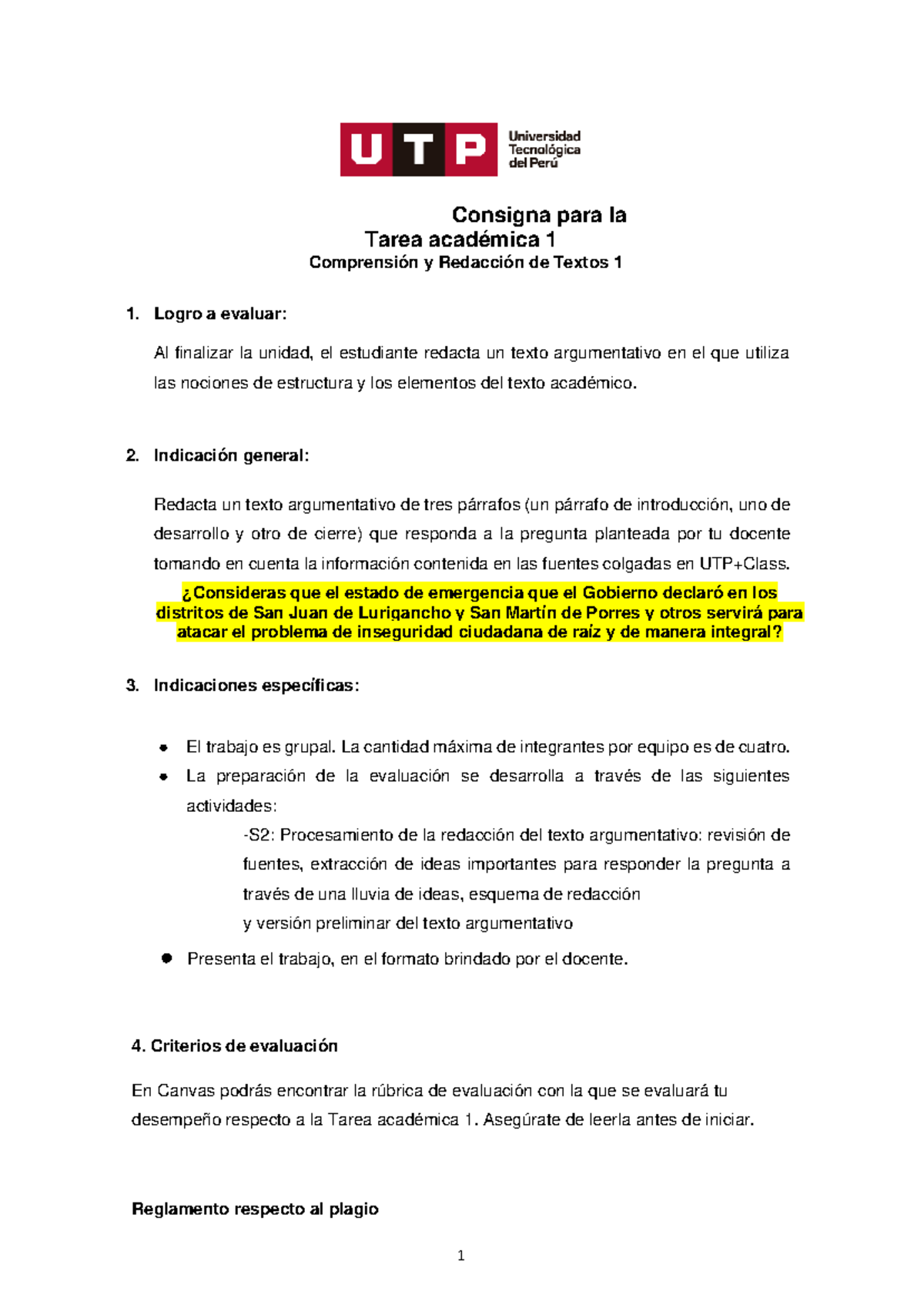 U1+GC N01I TA1C Iygyrj Trgxuj - Consigna para la Tarea académica 1 Comprensión y Redacción de ...