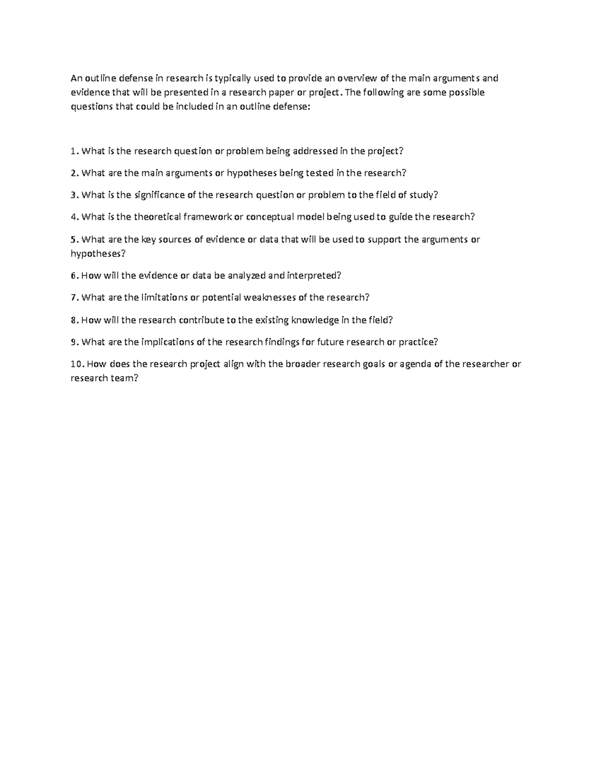 Possible Questions - RESED - An outline defense in research is ...