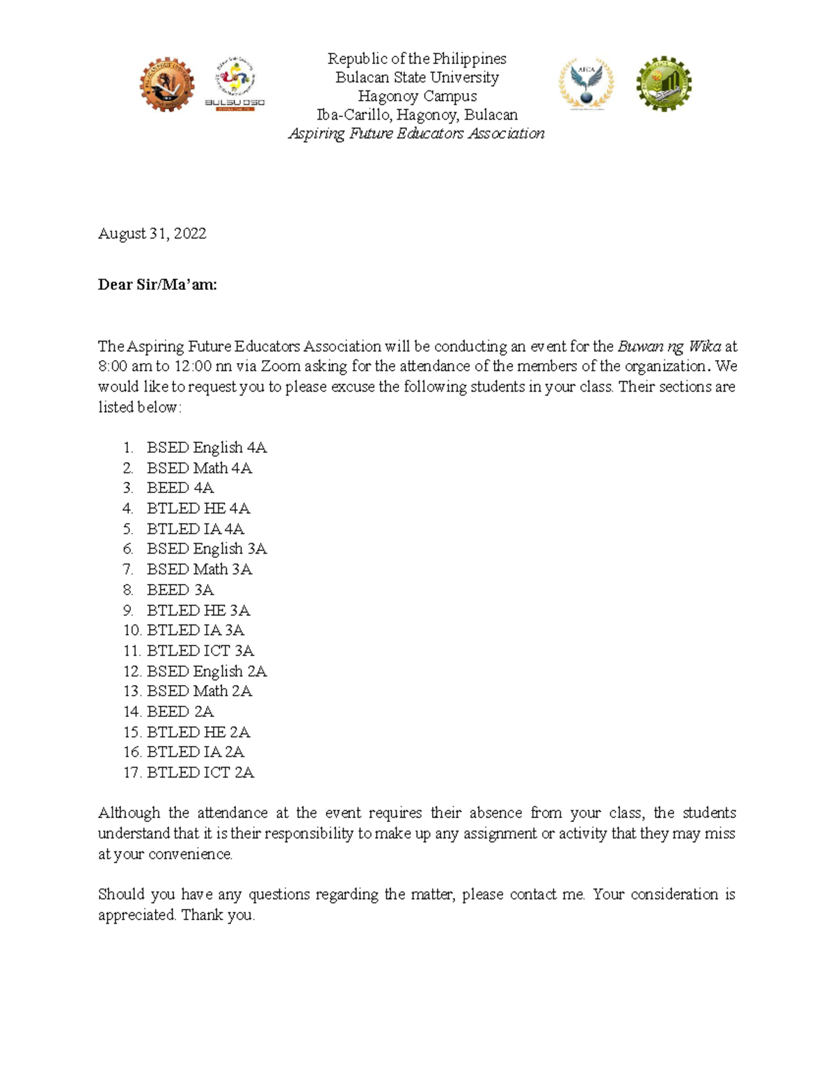Excuse-Letter-Aug - Nothing - Republic of the Philippines Bulacan State ...