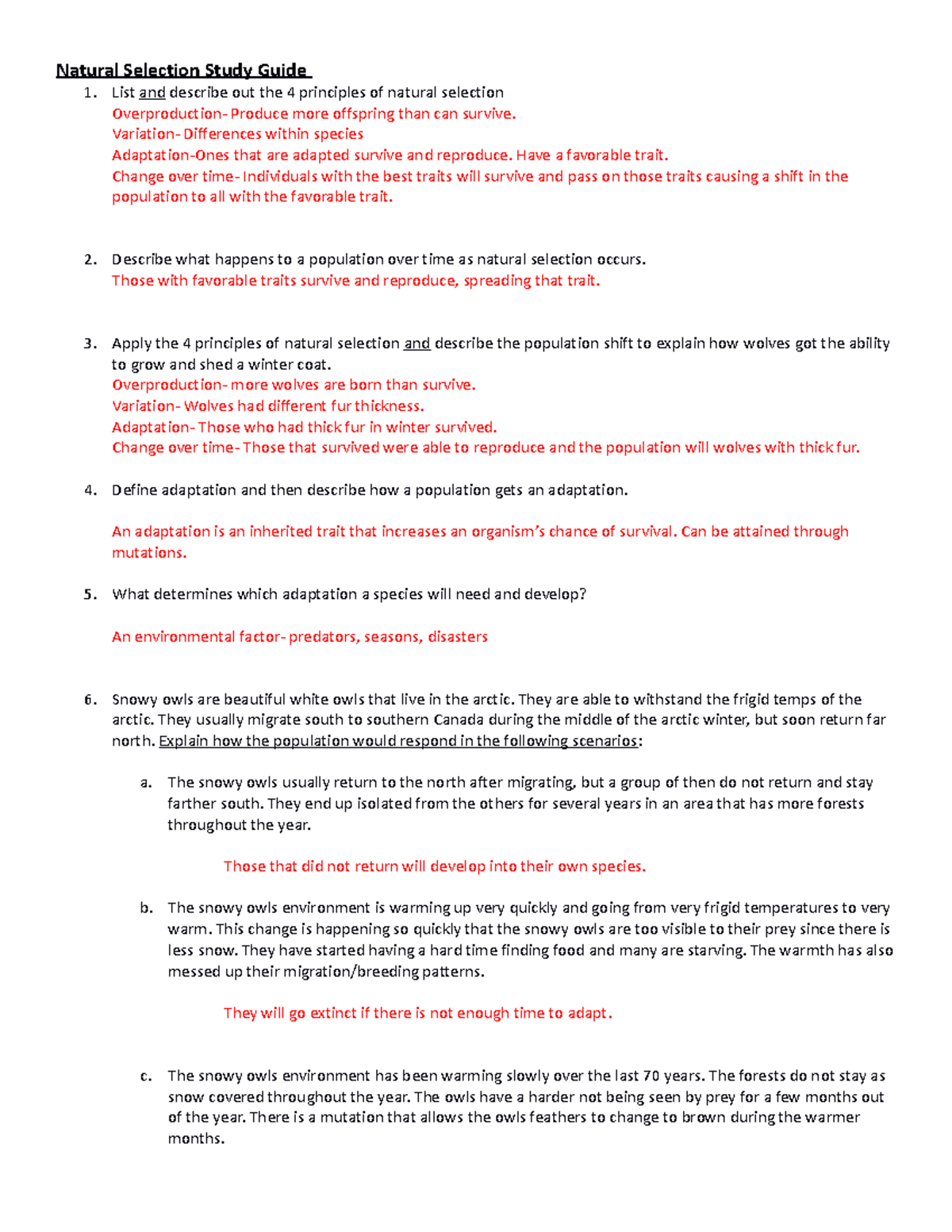 Natural Selection Study Guide Key2 - Natural Selection Study Guide List ...