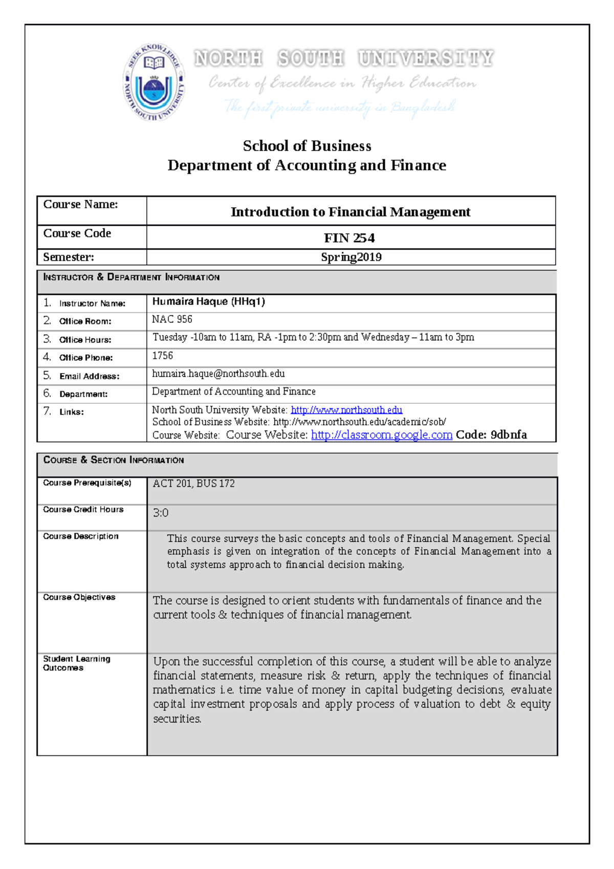 North South University FIN254 Course Outline Spring 19 - School of ...
