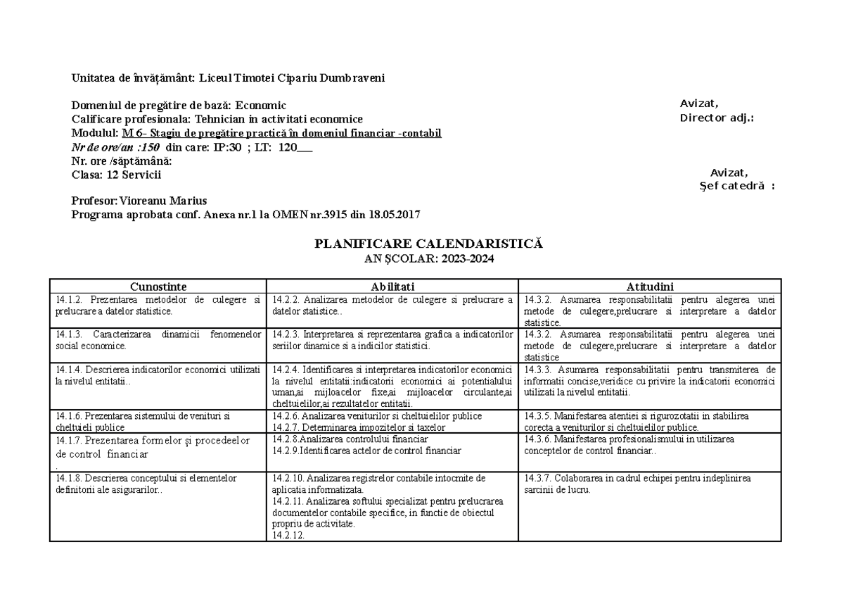 Stagiu de pregatire practica xii bun - Unitatea de învăţământ: Liceul ...
