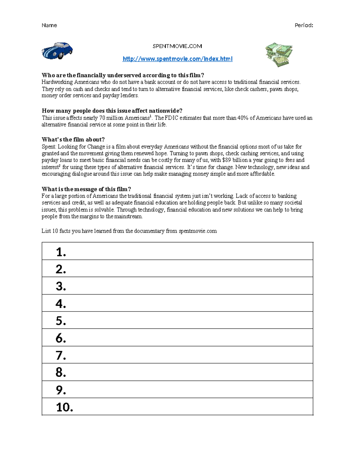 Student Worksheet Spent movie - Name Period: SPENTMOVIE spentmovie ...