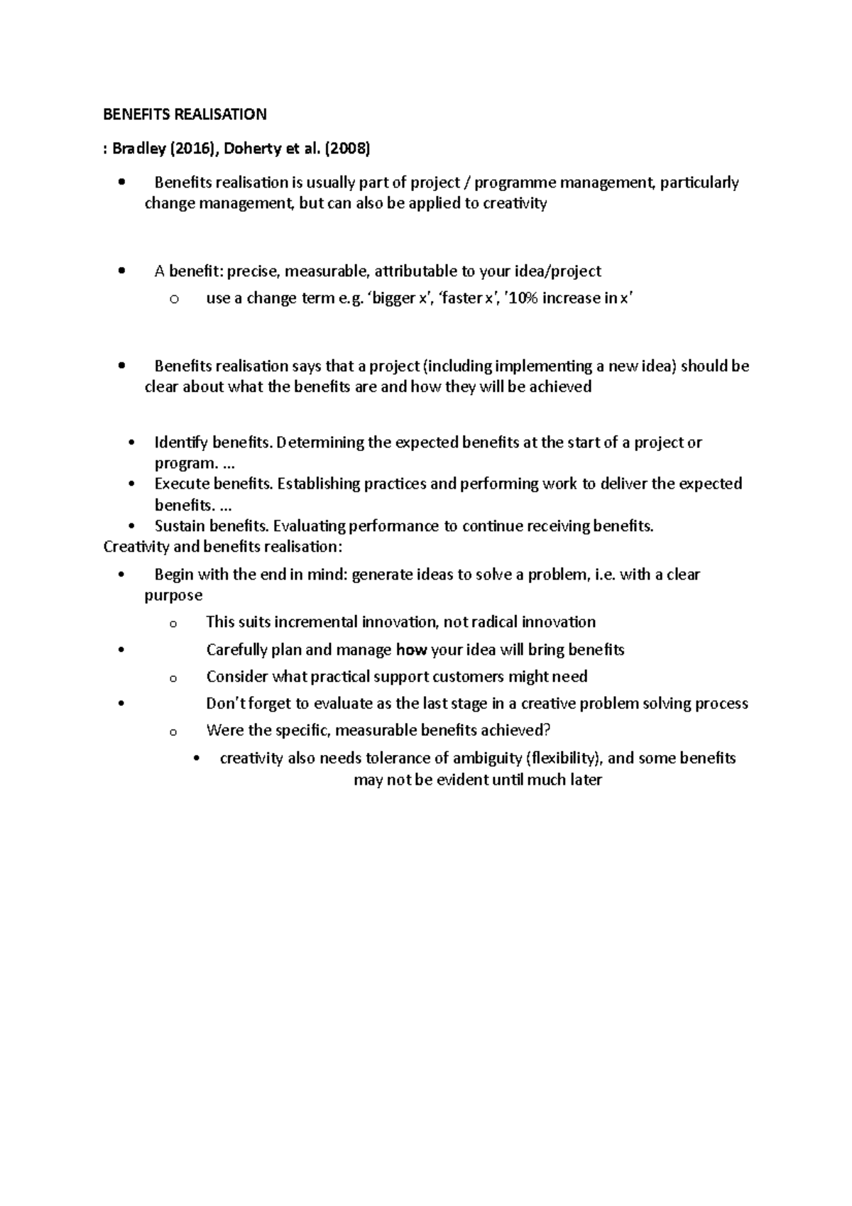 Benefits Realisation - BENEFITS REALISATION : Bradley (2016), Doherty ...