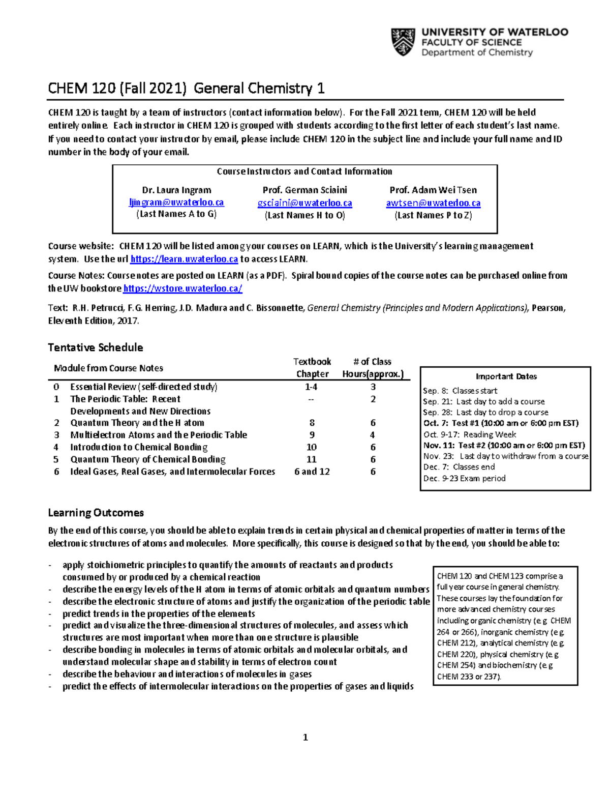 C120 f21 outline final - CHEM 120 (Fall 2 021 ) General Chemistry 1 ...