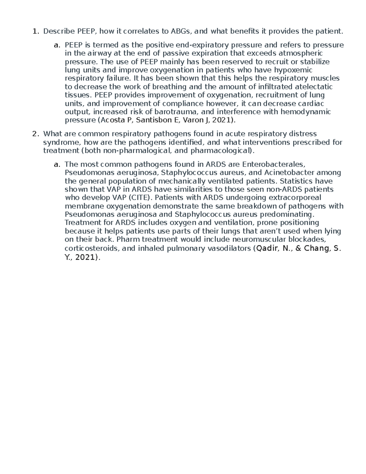 207 Wk 2 Assignment 3 - Describe PEEP, how it correlates to ABGs, and ...