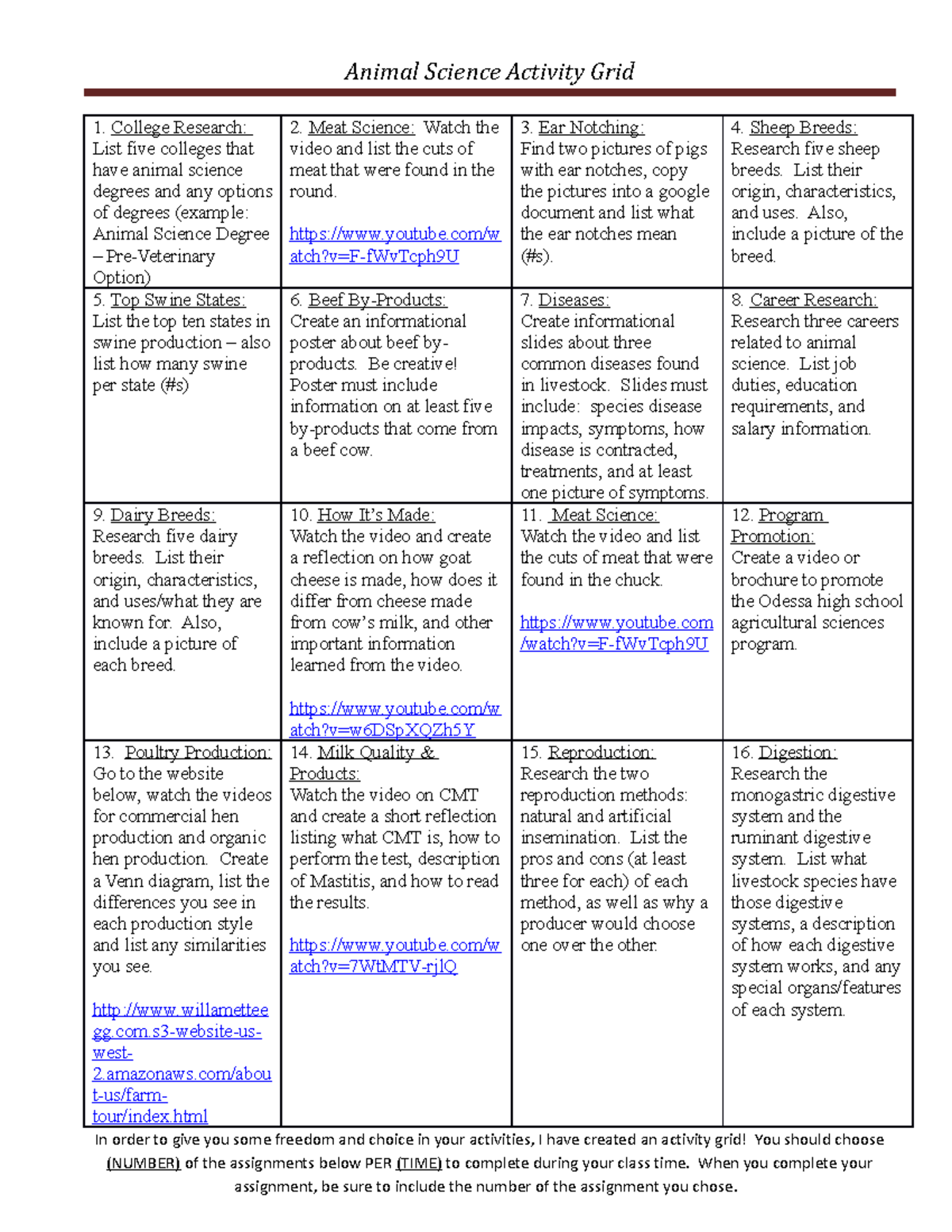 Animal Science Activity Choice Gridl High School Agriculture-1 - Animal ...