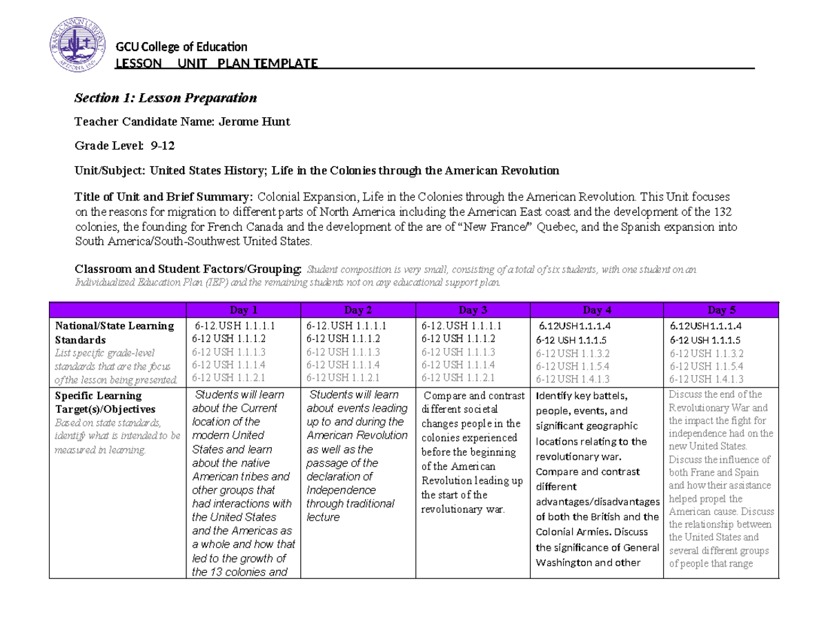 5 Day Lesson Plan-Benchmark - Section 1: Lesson Preparation Teacher ...