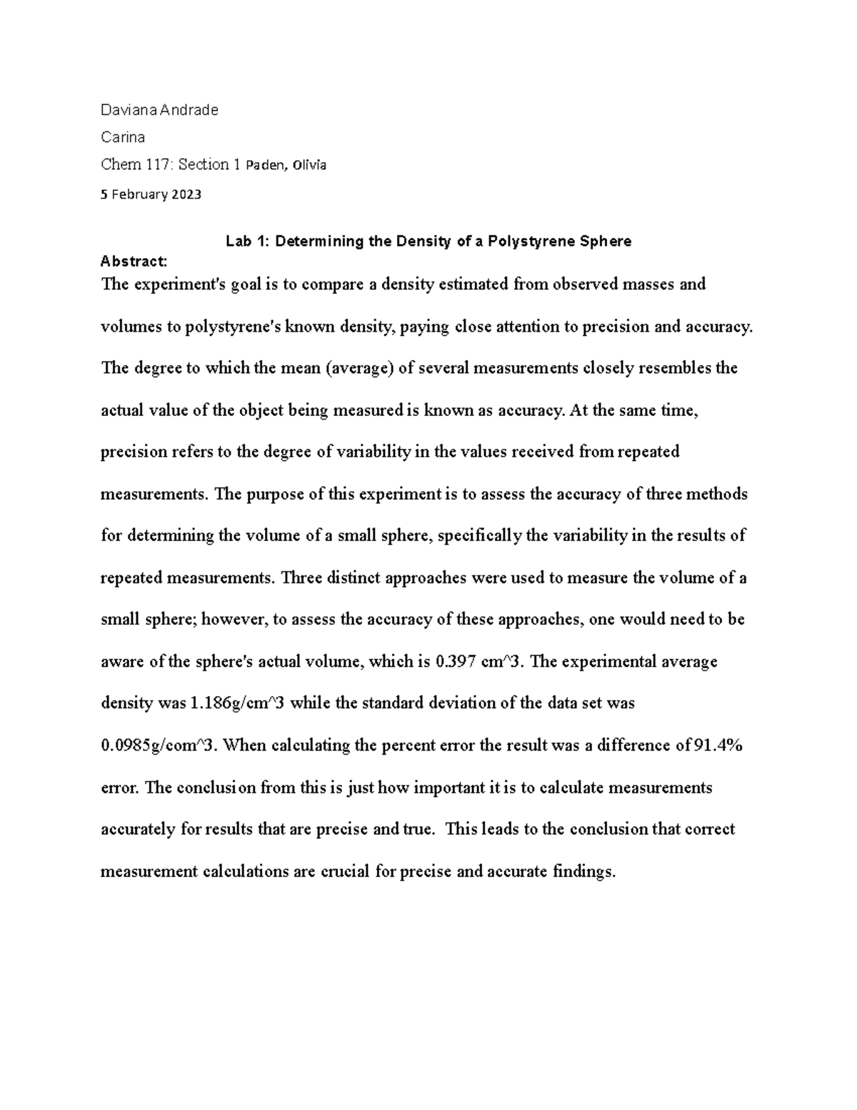 Lab 1 Determining the Density of a Polystyrene Sphere - Daviana Andrade ...