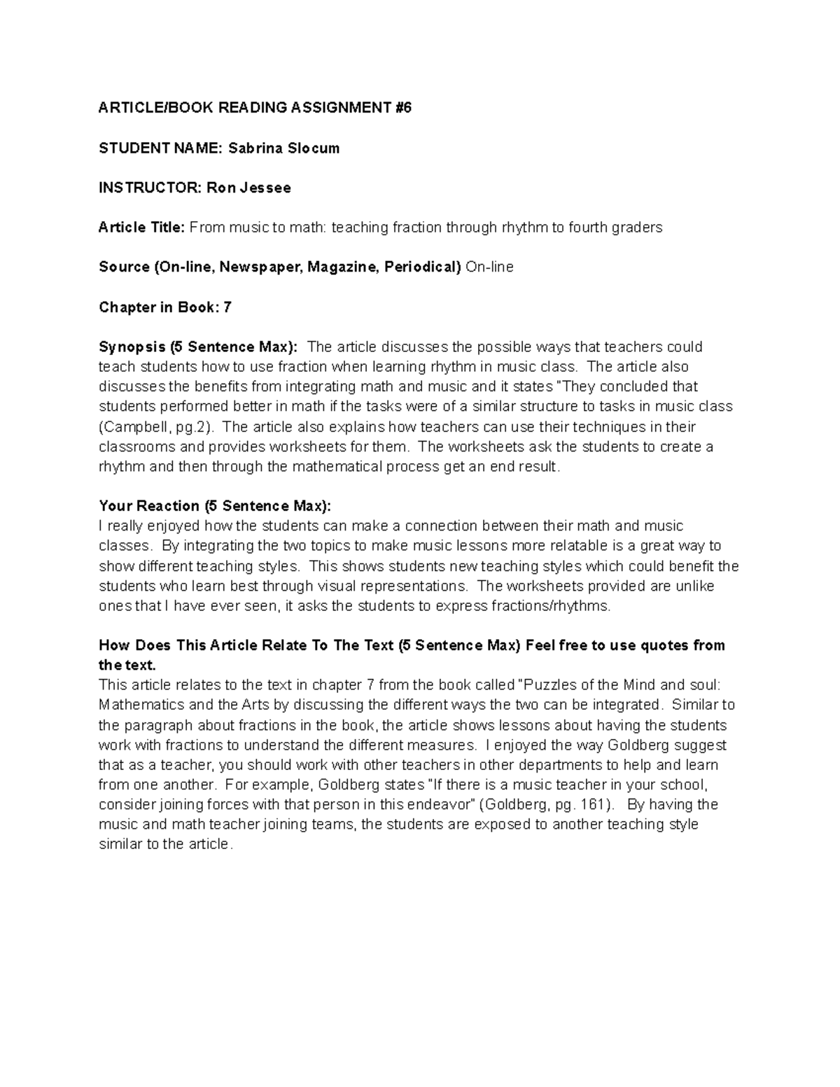 Article/BOOK Reading Assignment #6 - READING ASSIGNMENT STUDENT NAME ...