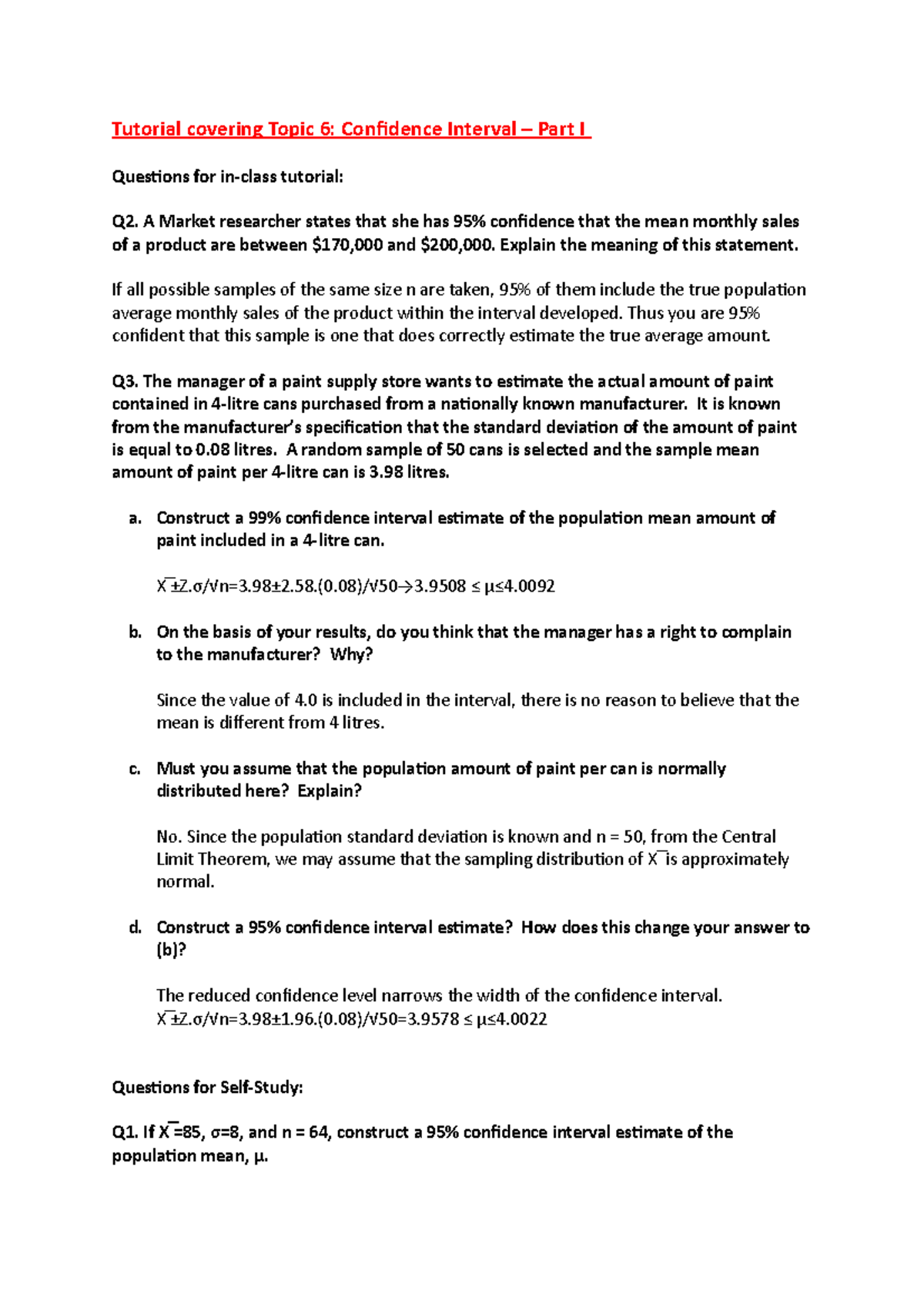 Tutorial Topic 6 - In class Questions - Tutorial covering Topic 6: Confidence Interval – Part I ...