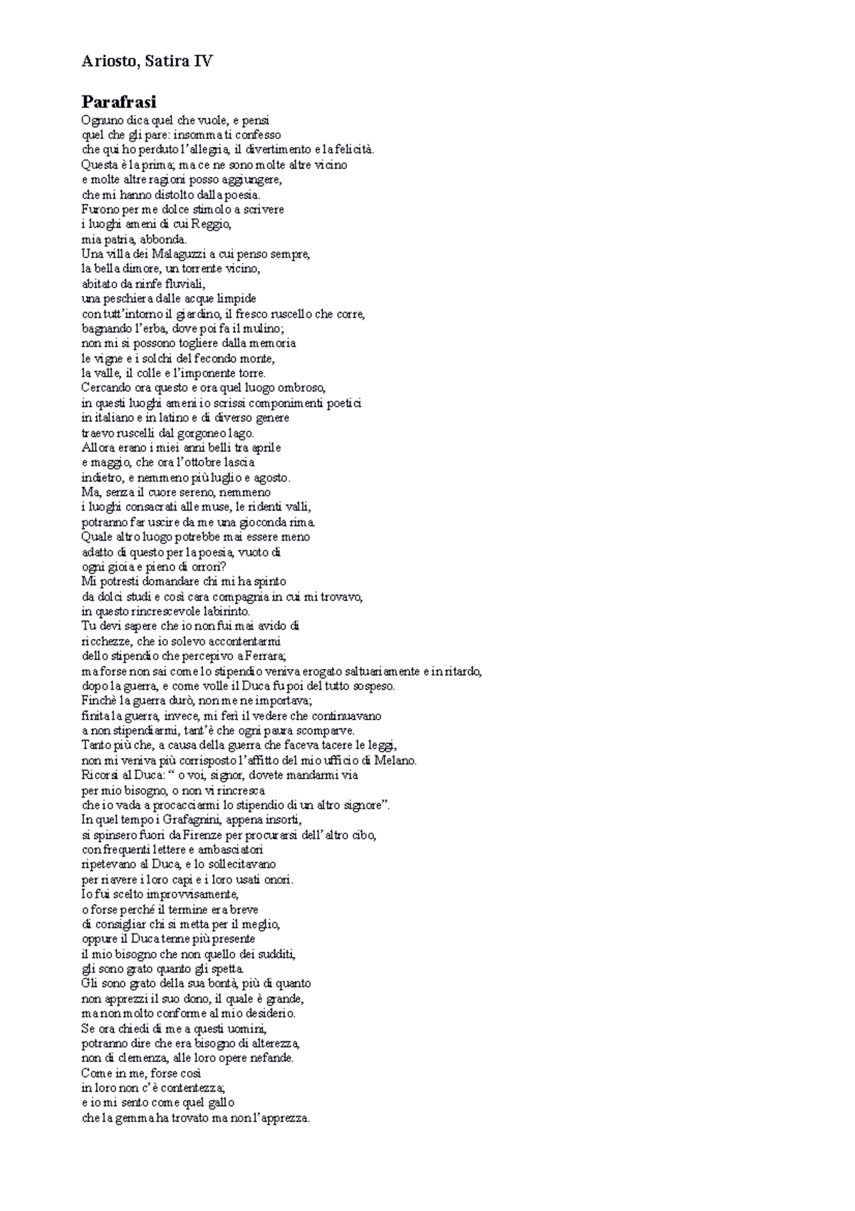 Trucheck - Testo della quarta satira di Ariosto - Ariosto, Satira IV ...