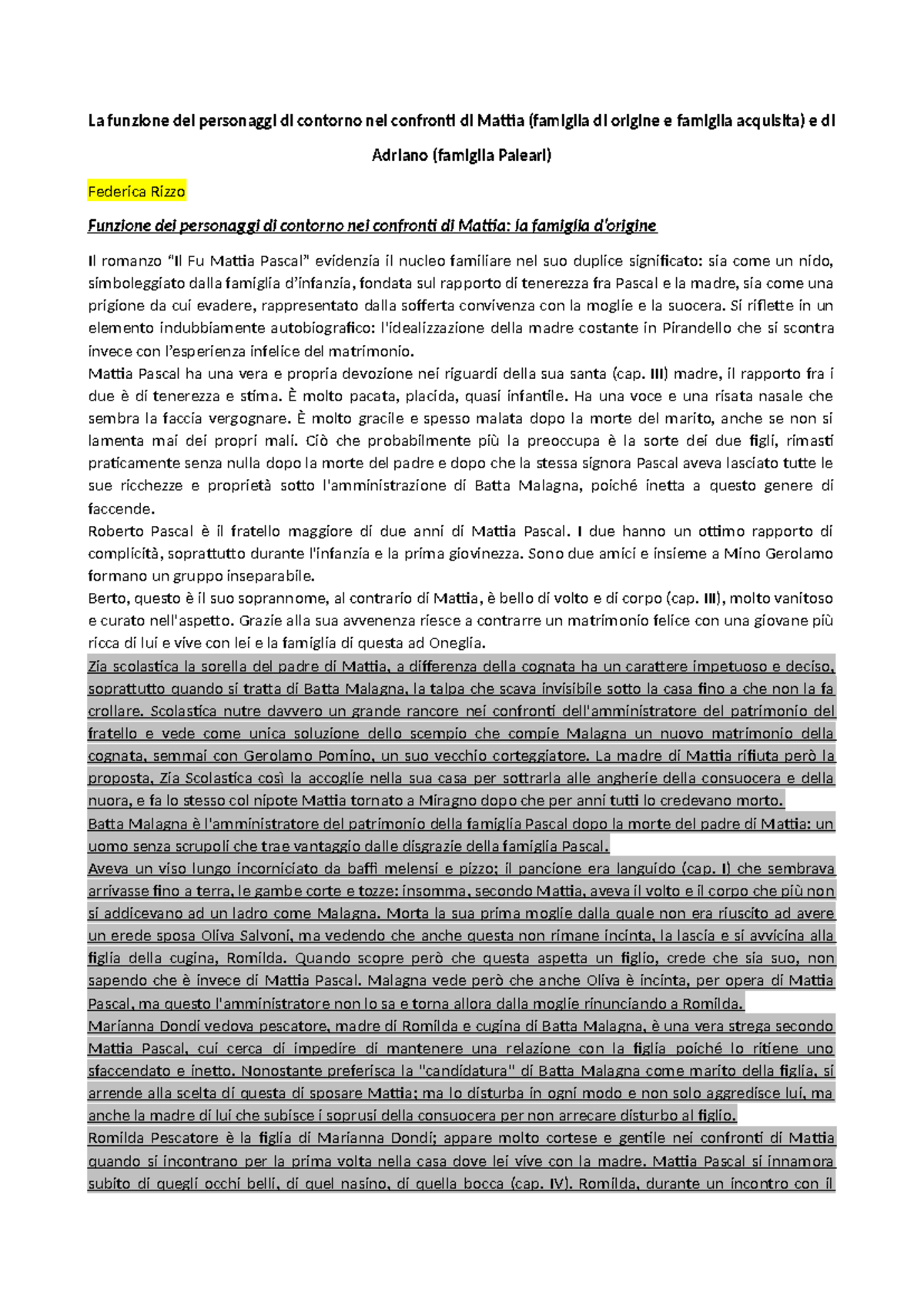 Lavoro Mattia Pascal - La funzione dei personaggi di contorno nei ...