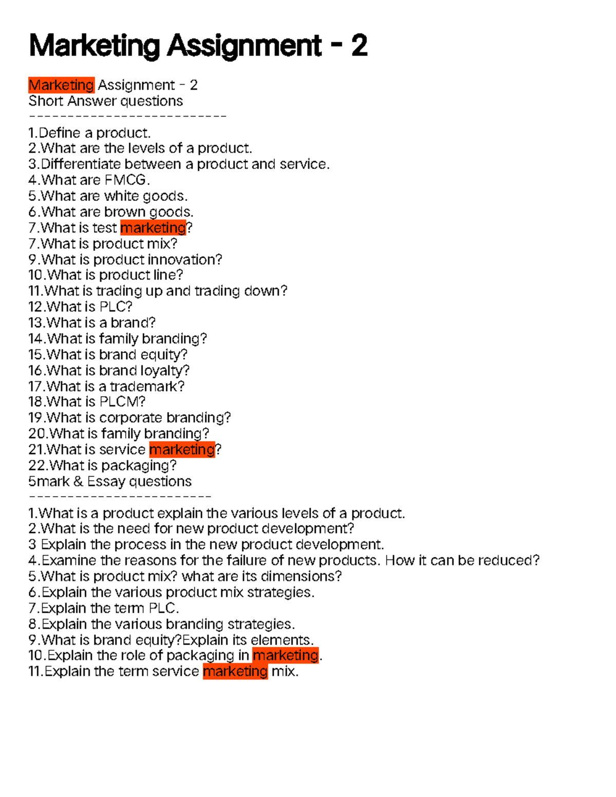 Marketing Assignment - 2 - 2 are the levels of a product. 3 between a ...