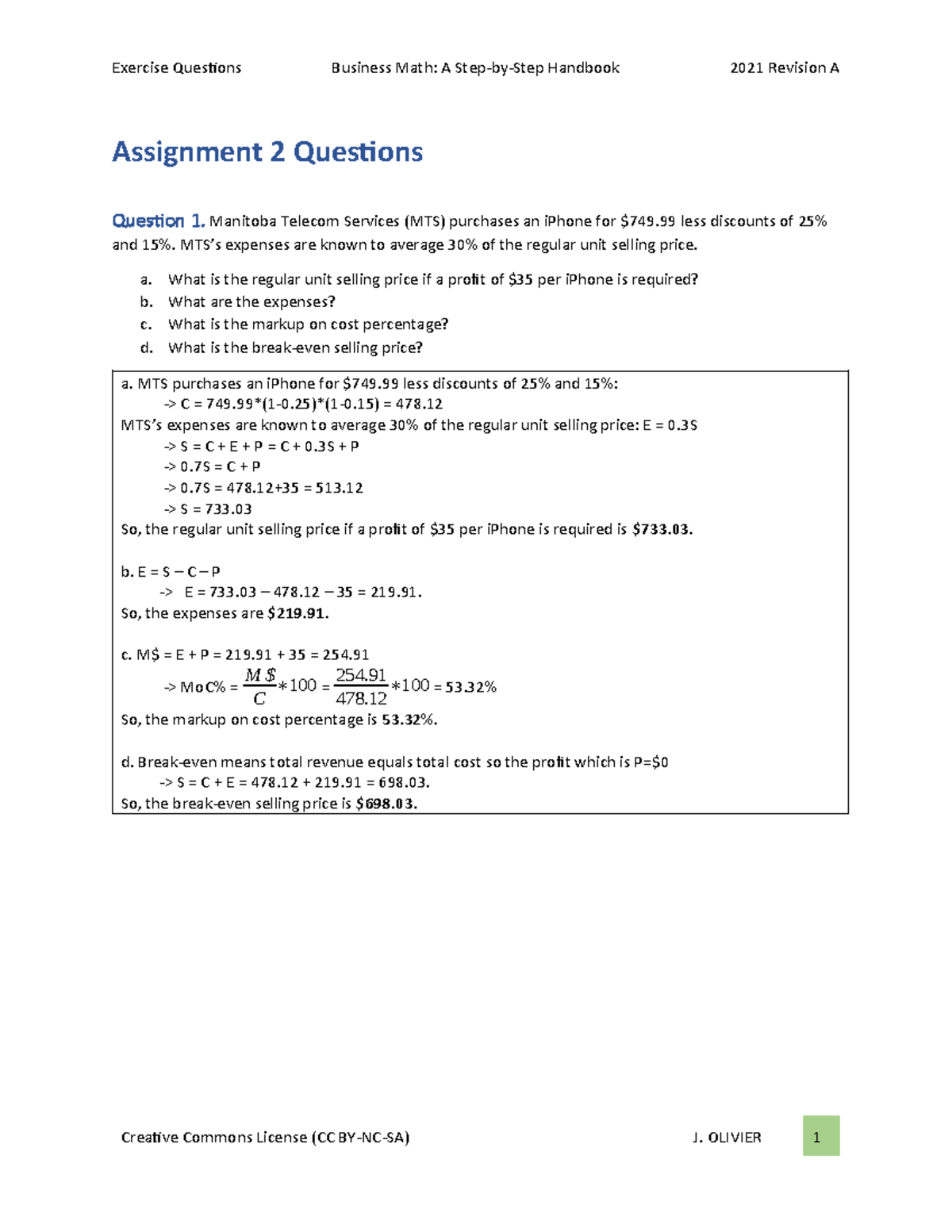 Assignment 2 Answer - Exercise Questions Business Math: A Step-by-Step ...