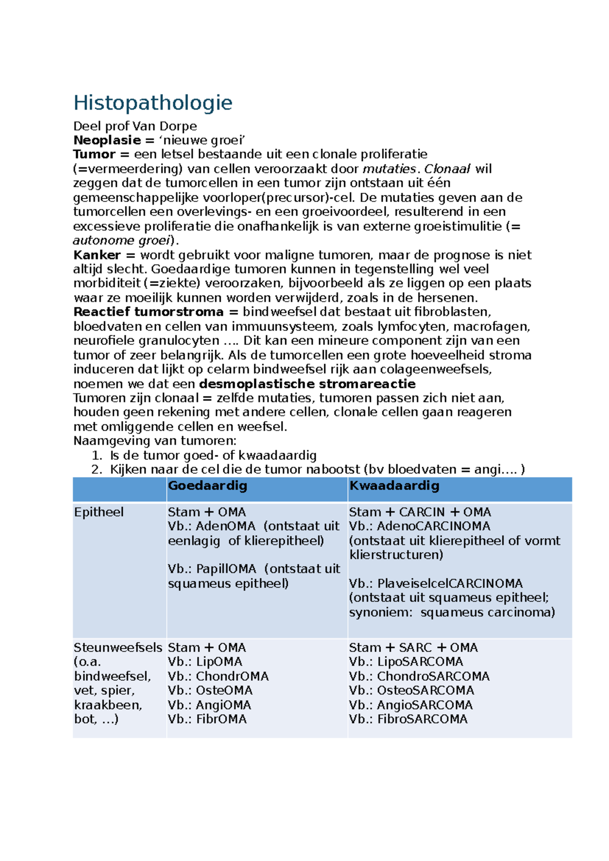 Histopathologie - Histopathologie Deel prof Van Dorpe Neoplasie ...