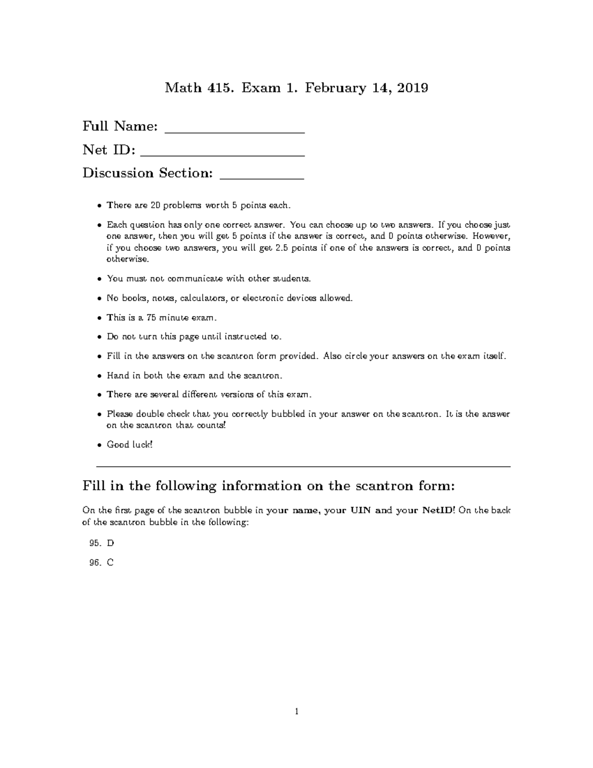 Math415 Spring 2019 Midterm 1 exams - MATH 415 - Illinois - Studocu