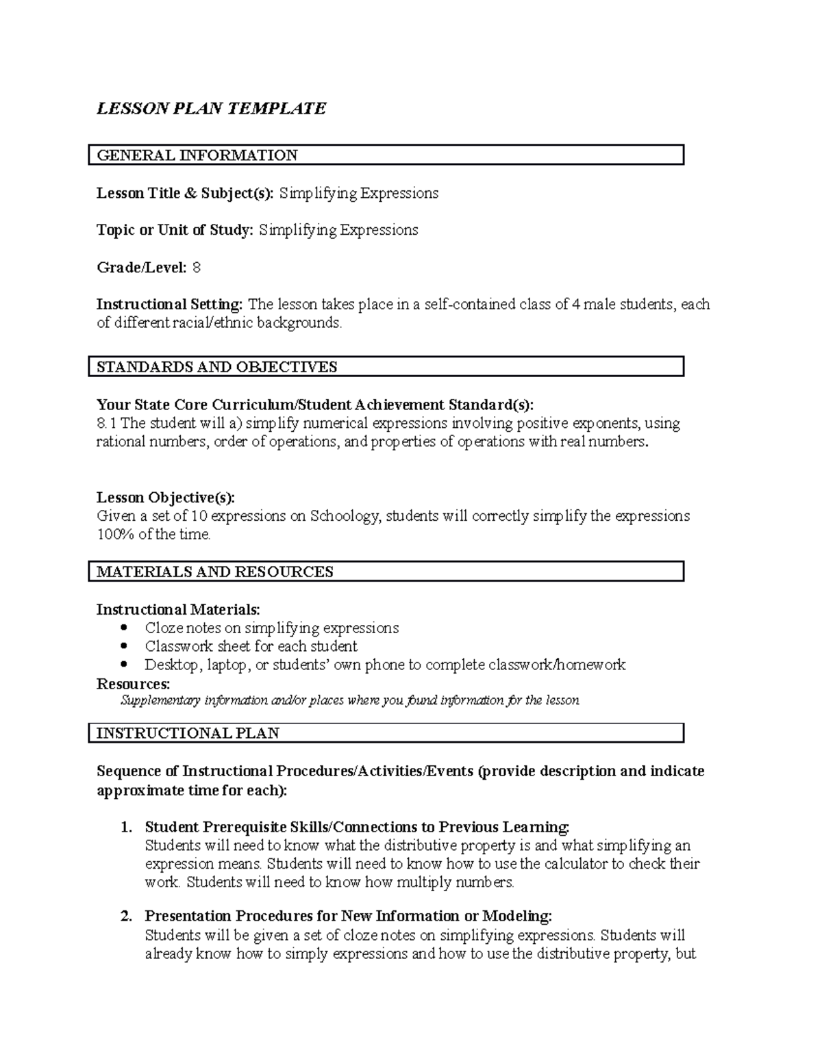 A2 lesson plan 2018 09 28 - LESSON PLAN TEMPLATE GENERAL INFORMATION ...