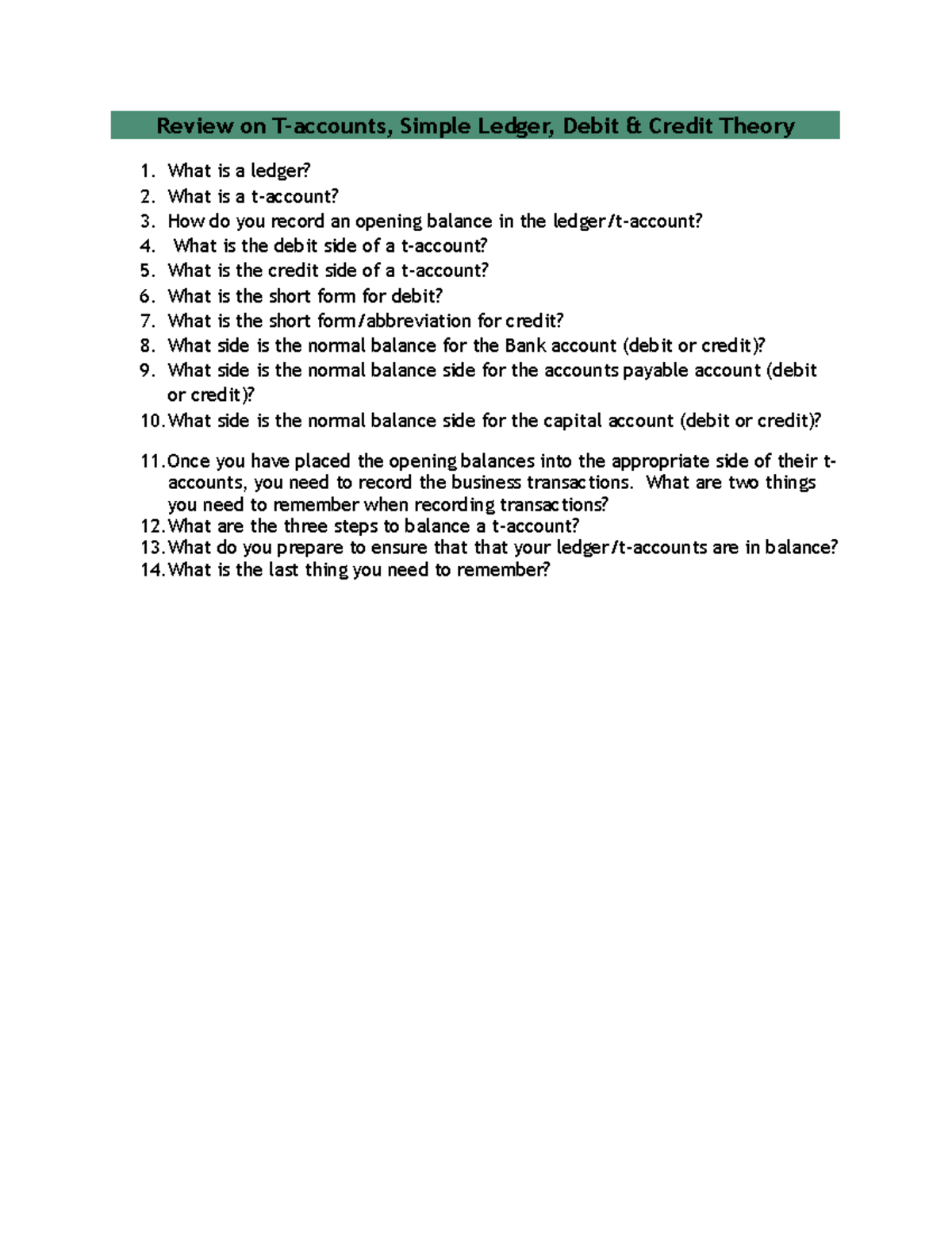 The Simple Ledger review questions - Review on T-accounts, Simple ...