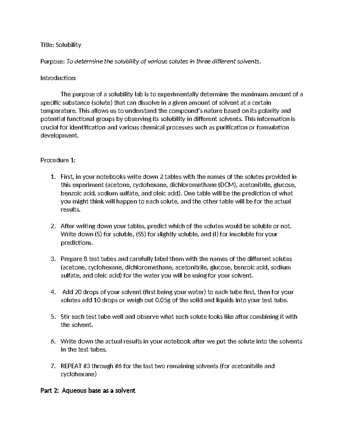 Lab 3 Solubility - DONE - Title: Solubility Purpose: To determine the ...