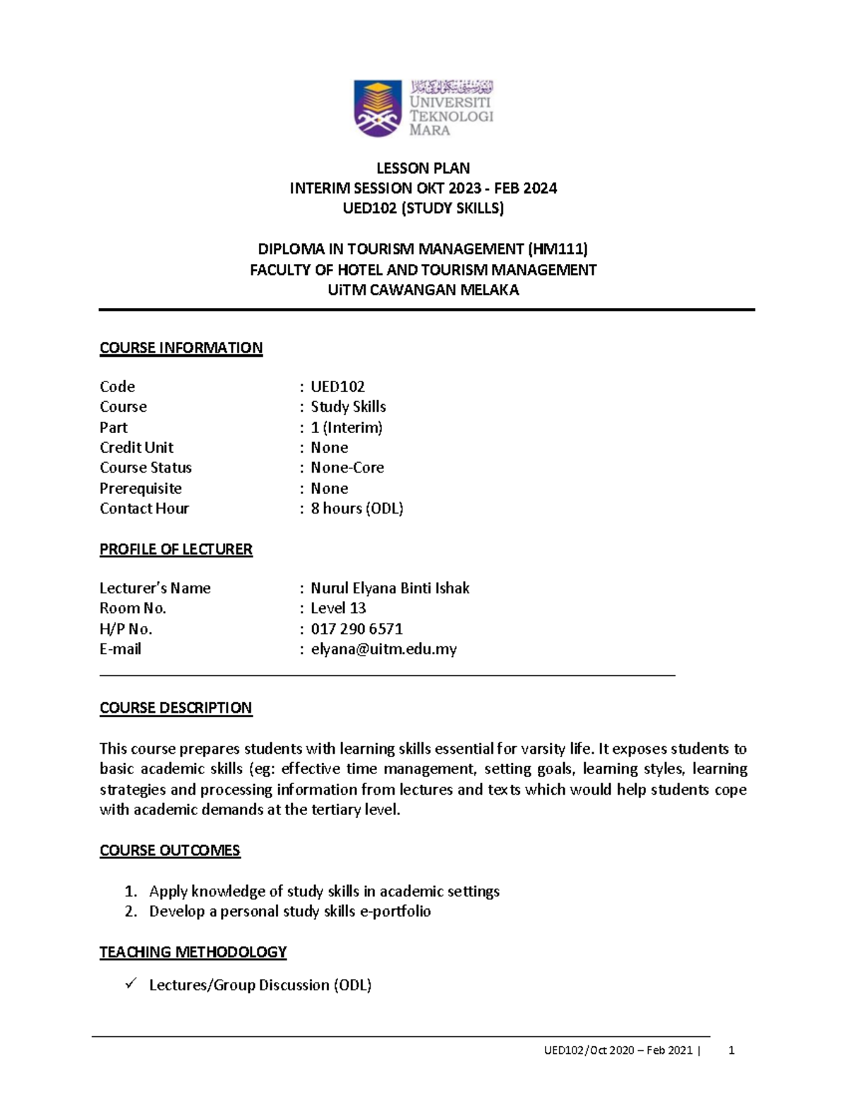 Lesson PLAN UED102 - UED 102 /Oct 2020 – Feb 2021 | 1 LESSON PLAN ...