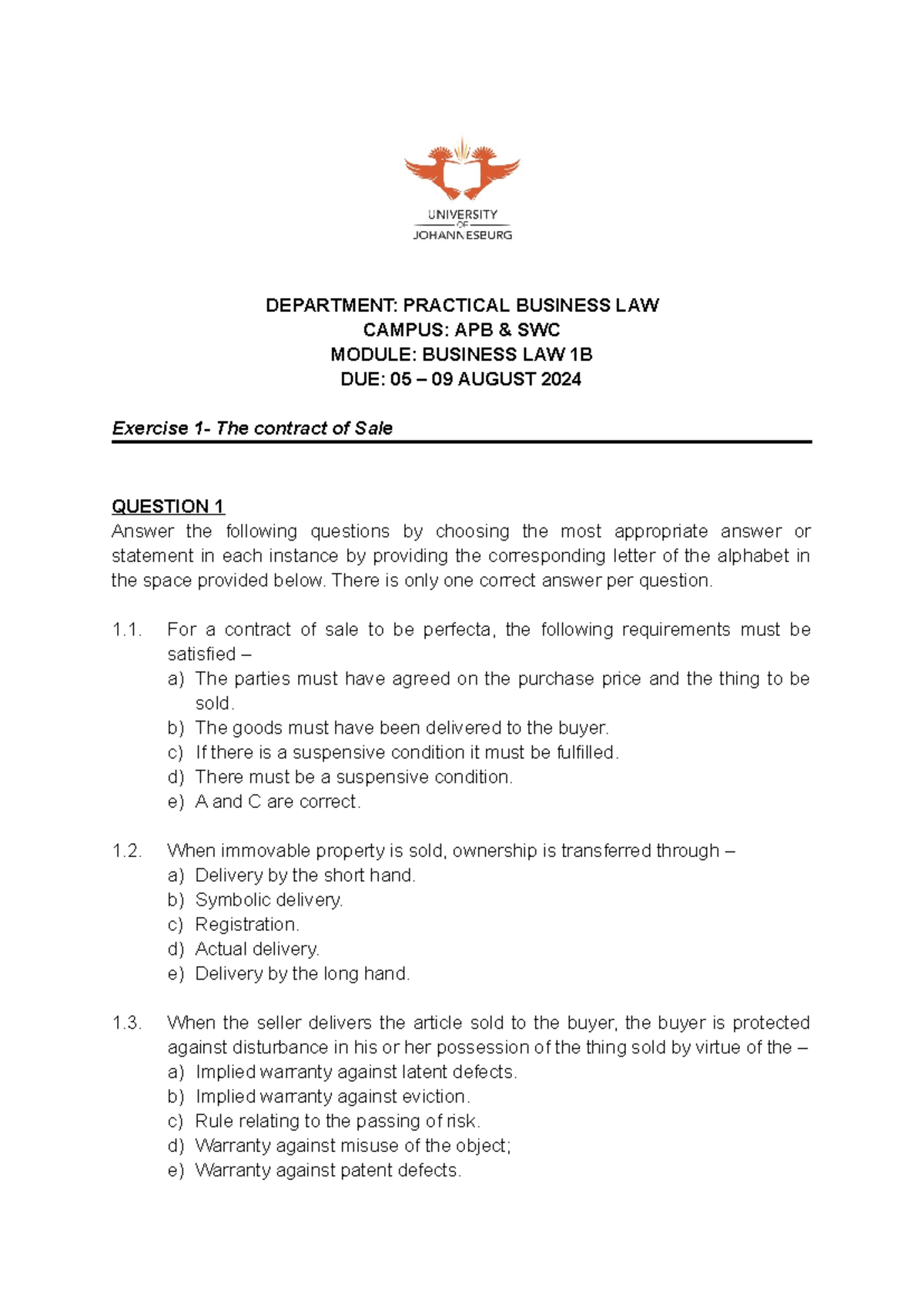 Tutorial Exercise 1 - Sale - DEPARTMENT: PRACTICAL BUSINESS LAW CAMPUS ...