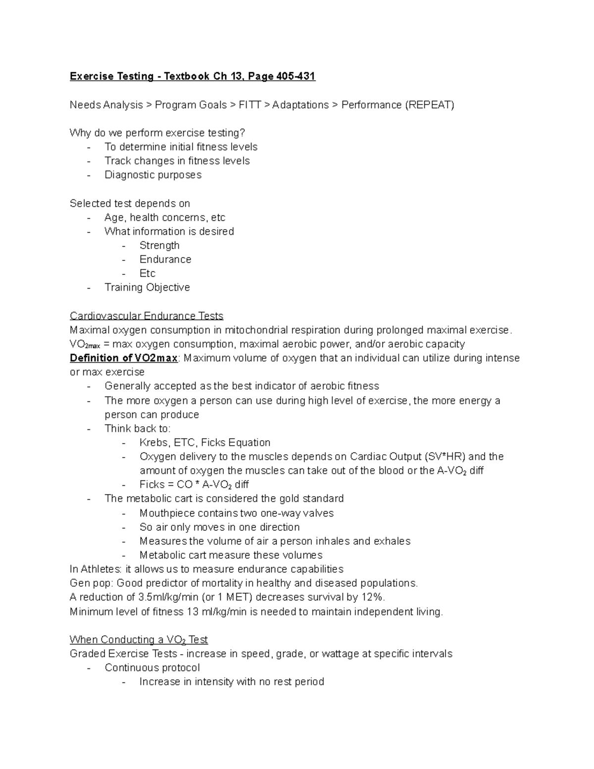 KIN163 - Exercise Testing - Exercise Testing - Textbook Ch 13, Page 405 ...
