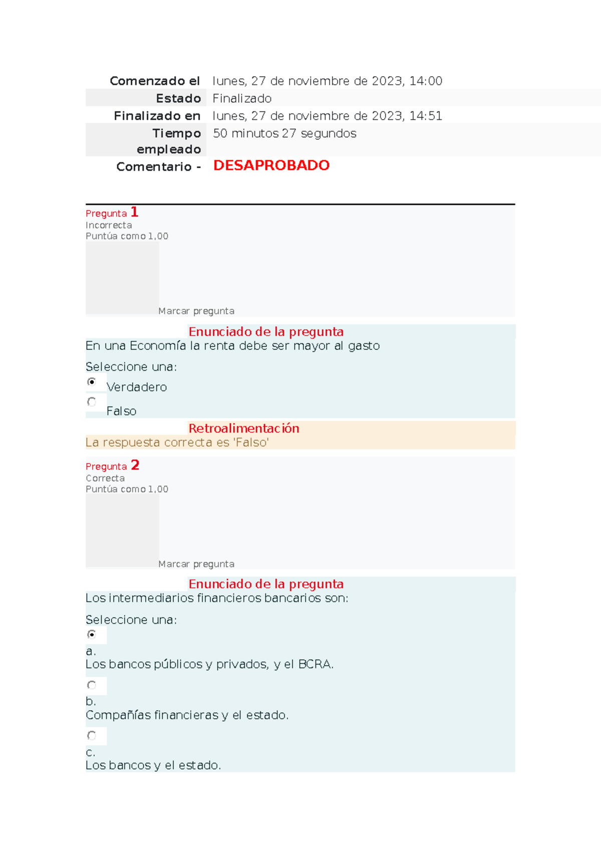 Examen Final Desaprobado - Comenzado el lunes, 27 de noviembre de 2023 ...