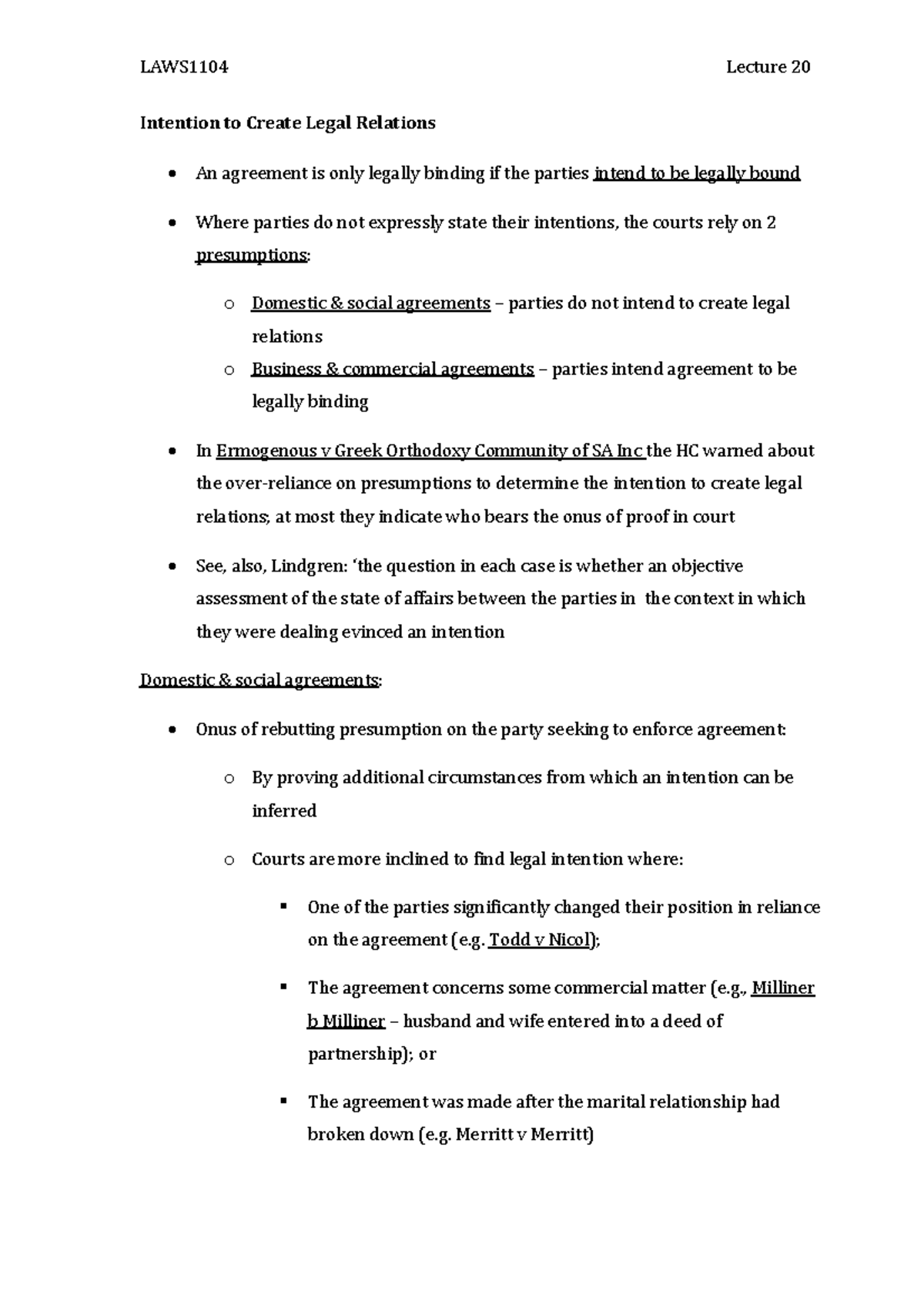 Introduction To Law - Lecture notes - Lecture 20 - Intention to Create ...
