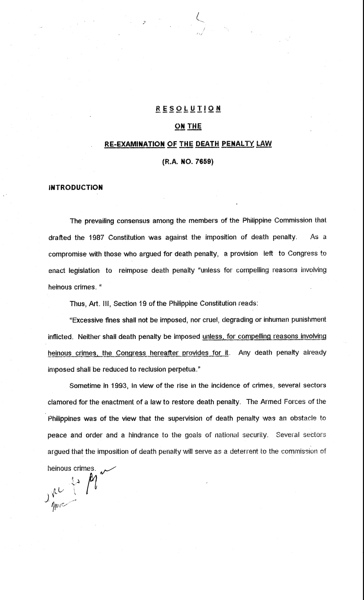 Resolution On the Re Examination of the Death Penalty Law R.A - R E S O ...