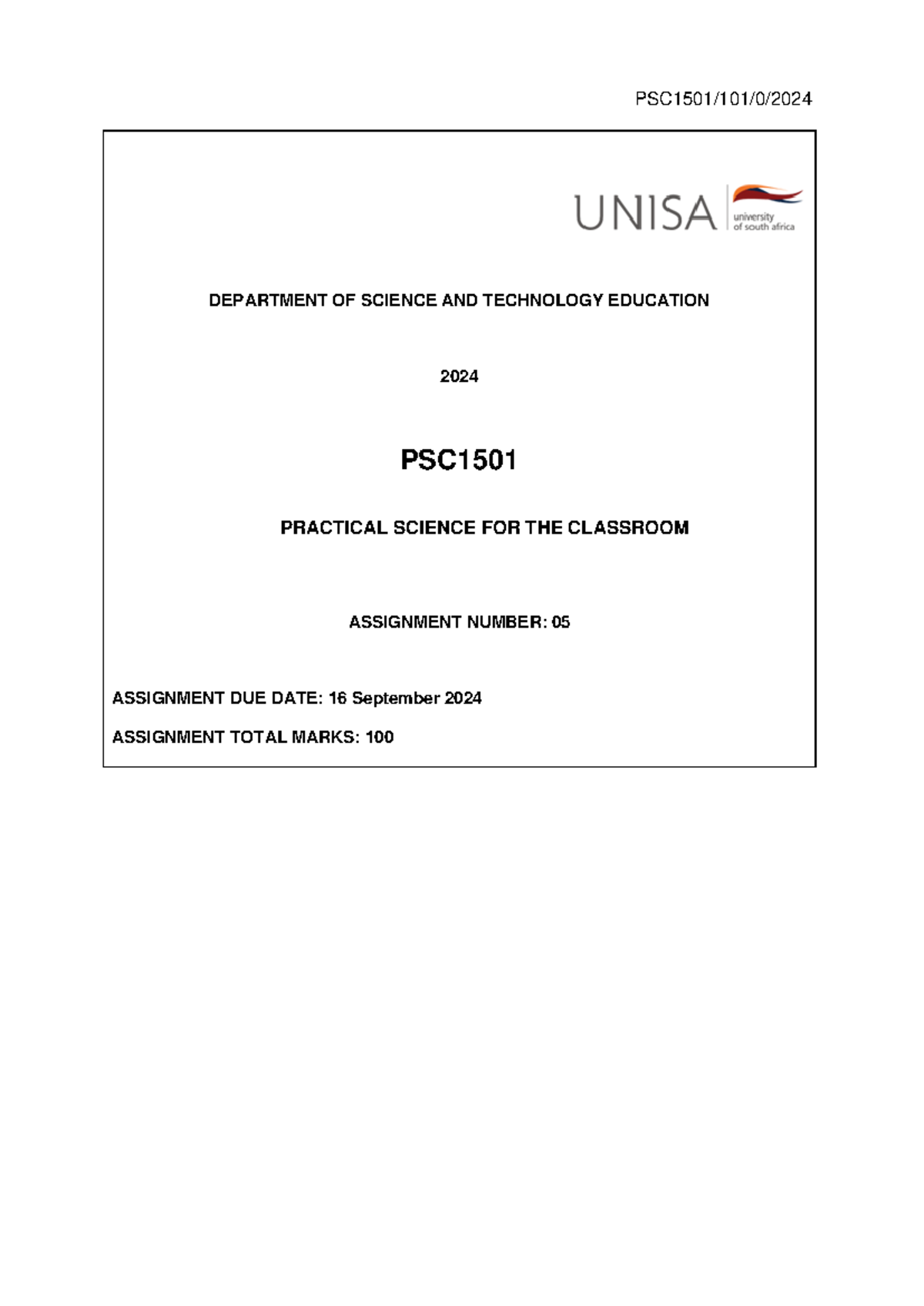 PSC1501 Assignment 05 2024 - PSC1501/101/0/ DEPARTMENT OF SCIENCE AND ...