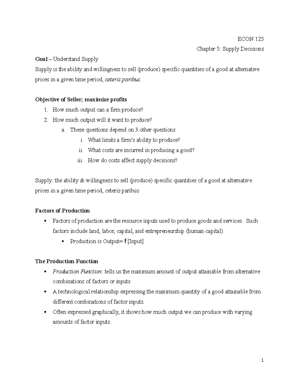 Ch 5- Lecture Notes - ECON 125 Chapter 5: Supply Decisions Goal ...