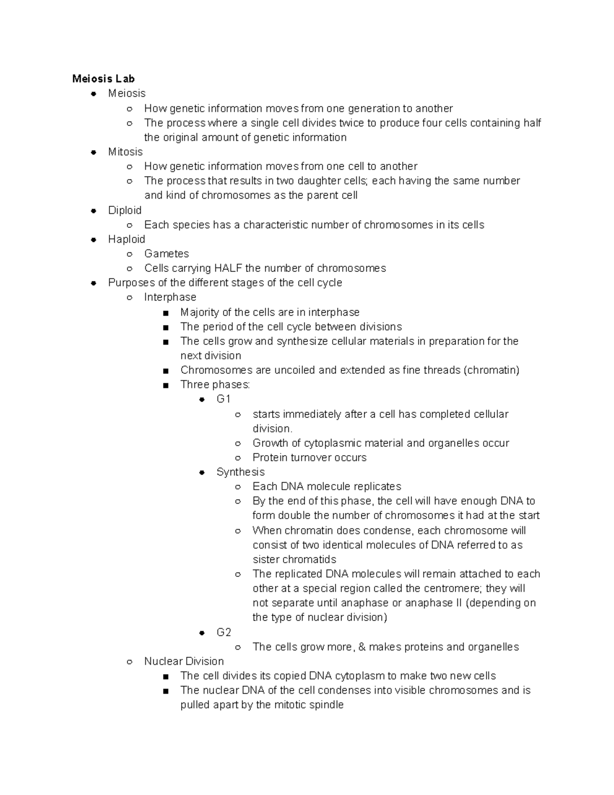 Bio Quiz 3 - quiz 3 study guide - Meiosis Lab Meiosis How genetic ...