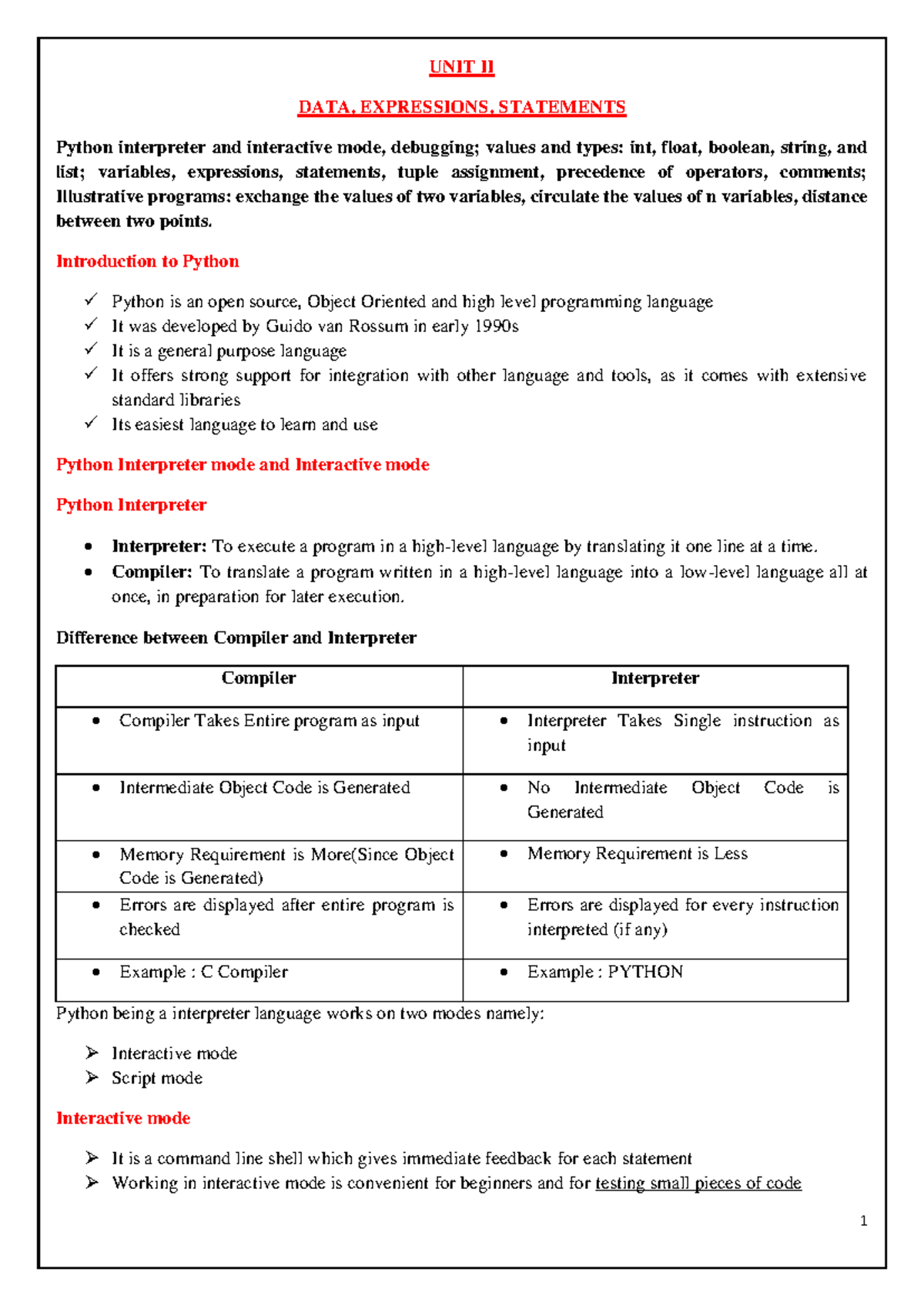 Pspp Unit 2 Unit 3 Unit Ii Data Expressions Statements Python Interpreter And Interactive