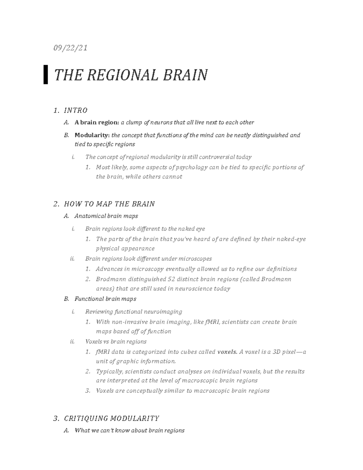 Brain regions textbook notes - 09/22/ THE REGIONAL BRAIN 1. INTRO A. A ...