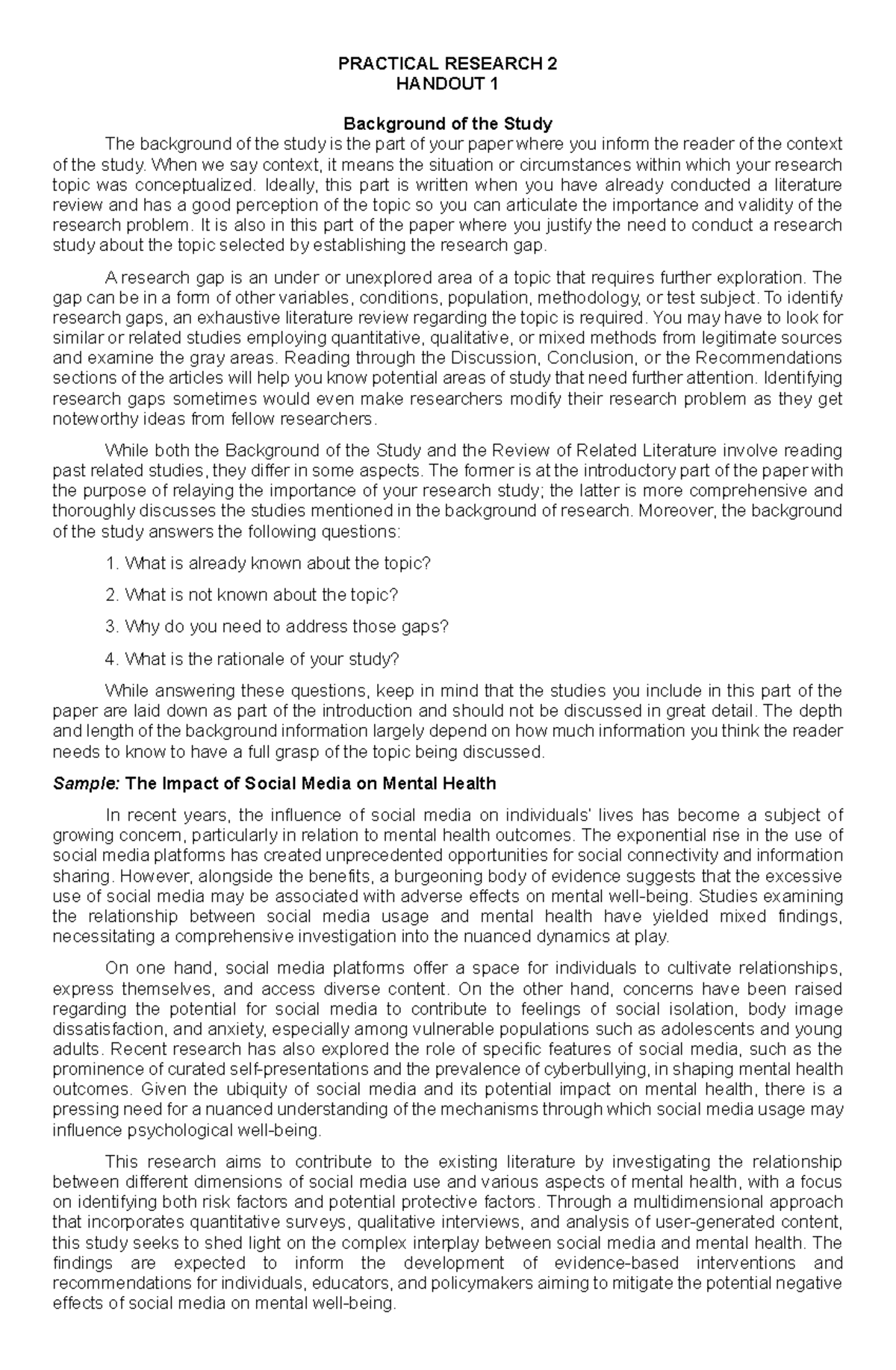 1.Background of the Study - PRACTICAL RESEARCH 2 HANDOUT 1 Background of the Study The ...