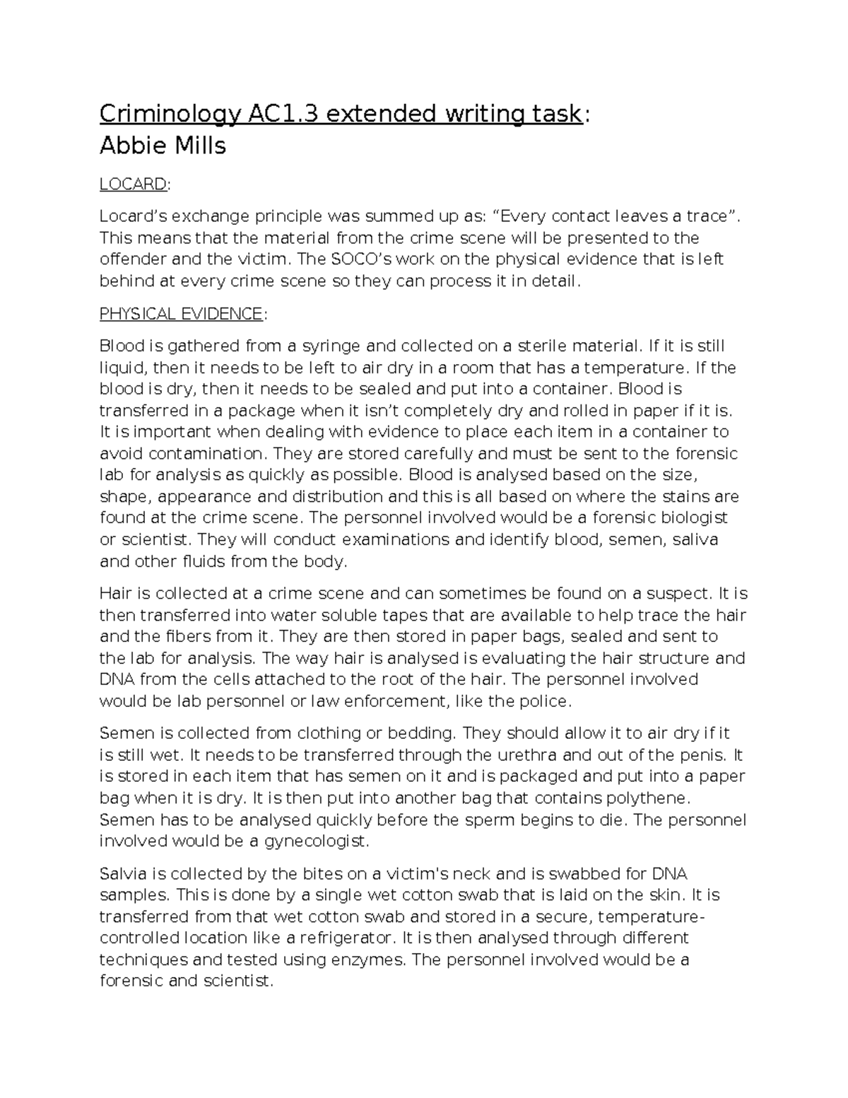 Crim, Unit 3 Write Up - Criminology AC1 extended writing task: Abbie ...