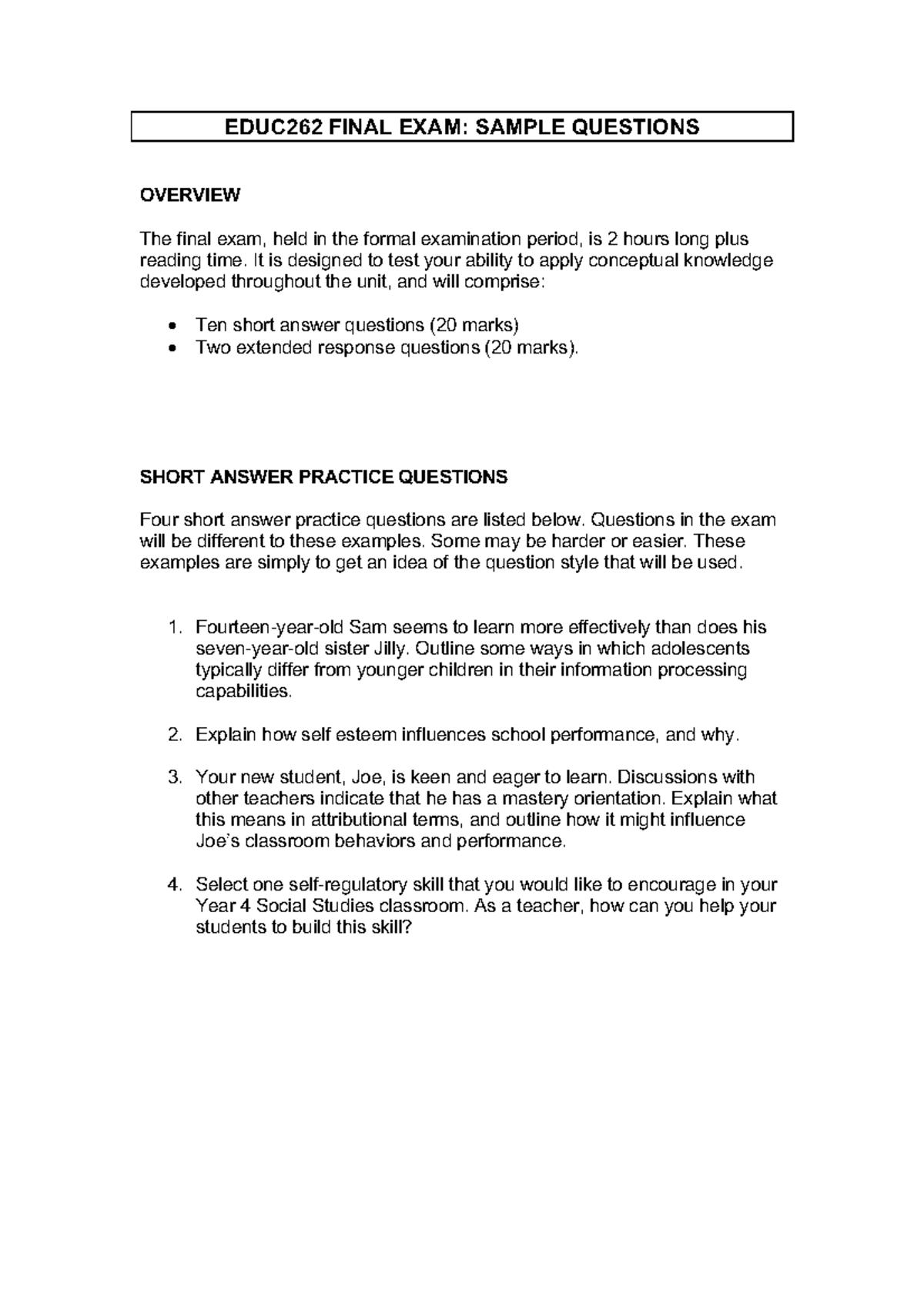 EDUC262 Final Exam Sample Questions 2019 - EDUC262 FINAL EXAM: SAMPLE QUESTIONS OVERVIEW The ...