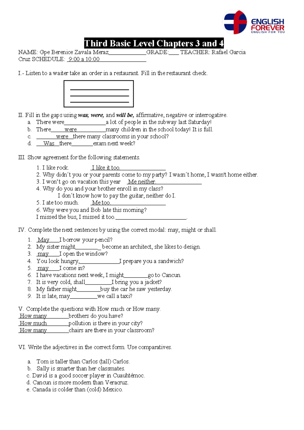 BAS 3 Final EXAM - examen - Third Basic Level Chapters 3 and 4 NAME ...